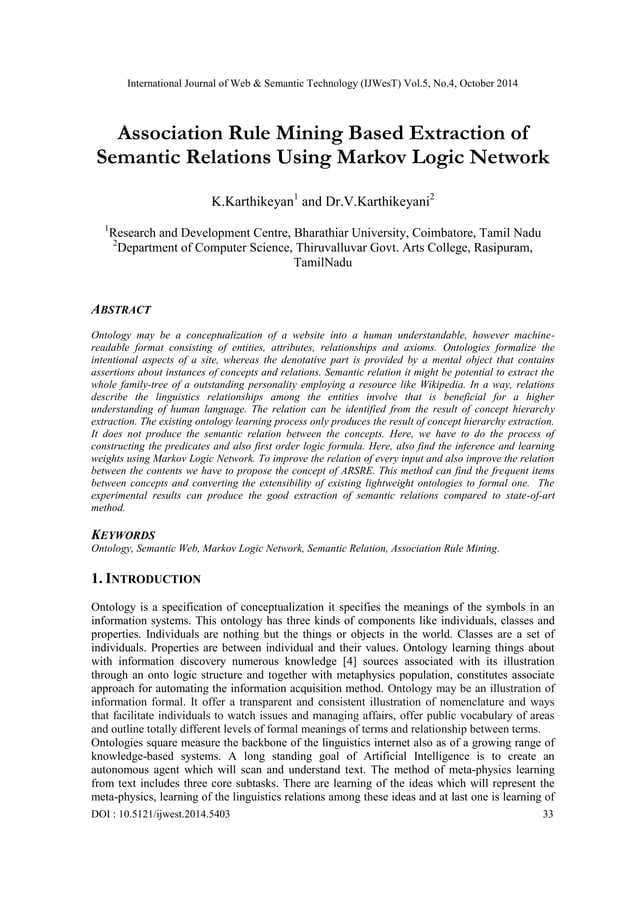 Association Rule Mining Based Extraction of Semantic Relations Using Markov Logic Network | PDF