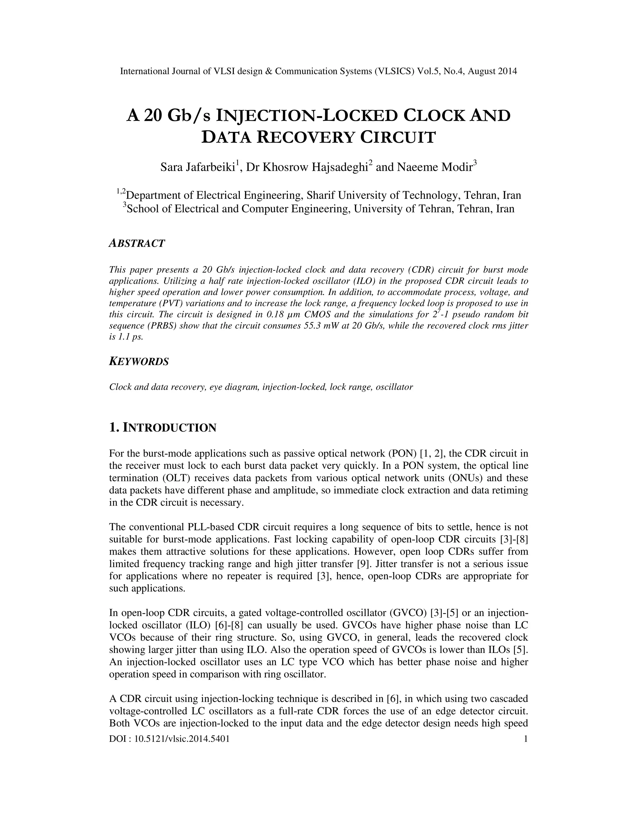 A 20 Gb/s INJECTION-LOCKED CLOCK AND DATA RECOVERY CIRCUIT | PDF