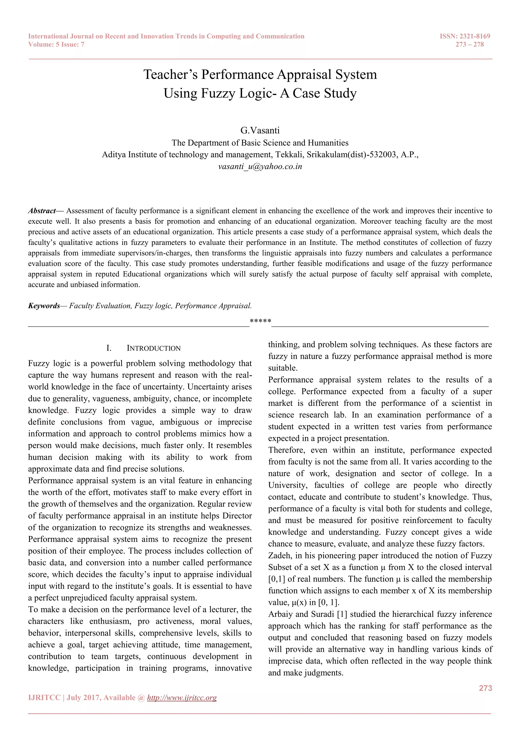 Teacher’s Performance Appraisal System Using Fuzzy Logic- A Case Study | PDF | Resume Writing ...