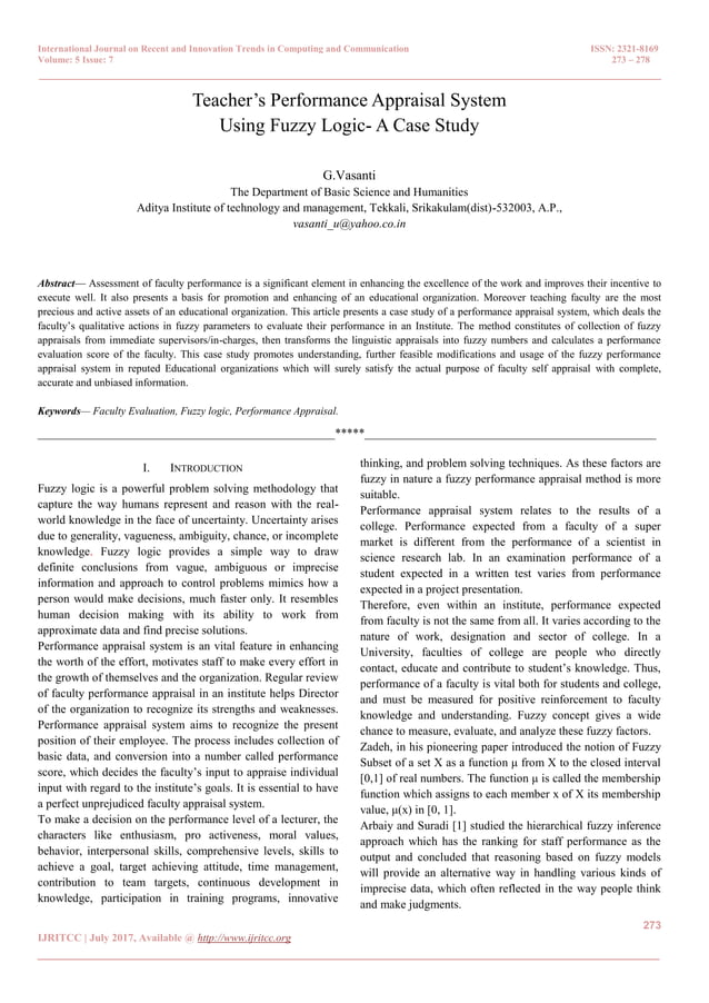 Teacher’s Performance Appraisal System Using Fuzzy Logic- A Case Study | PDF | Resume Writing ...