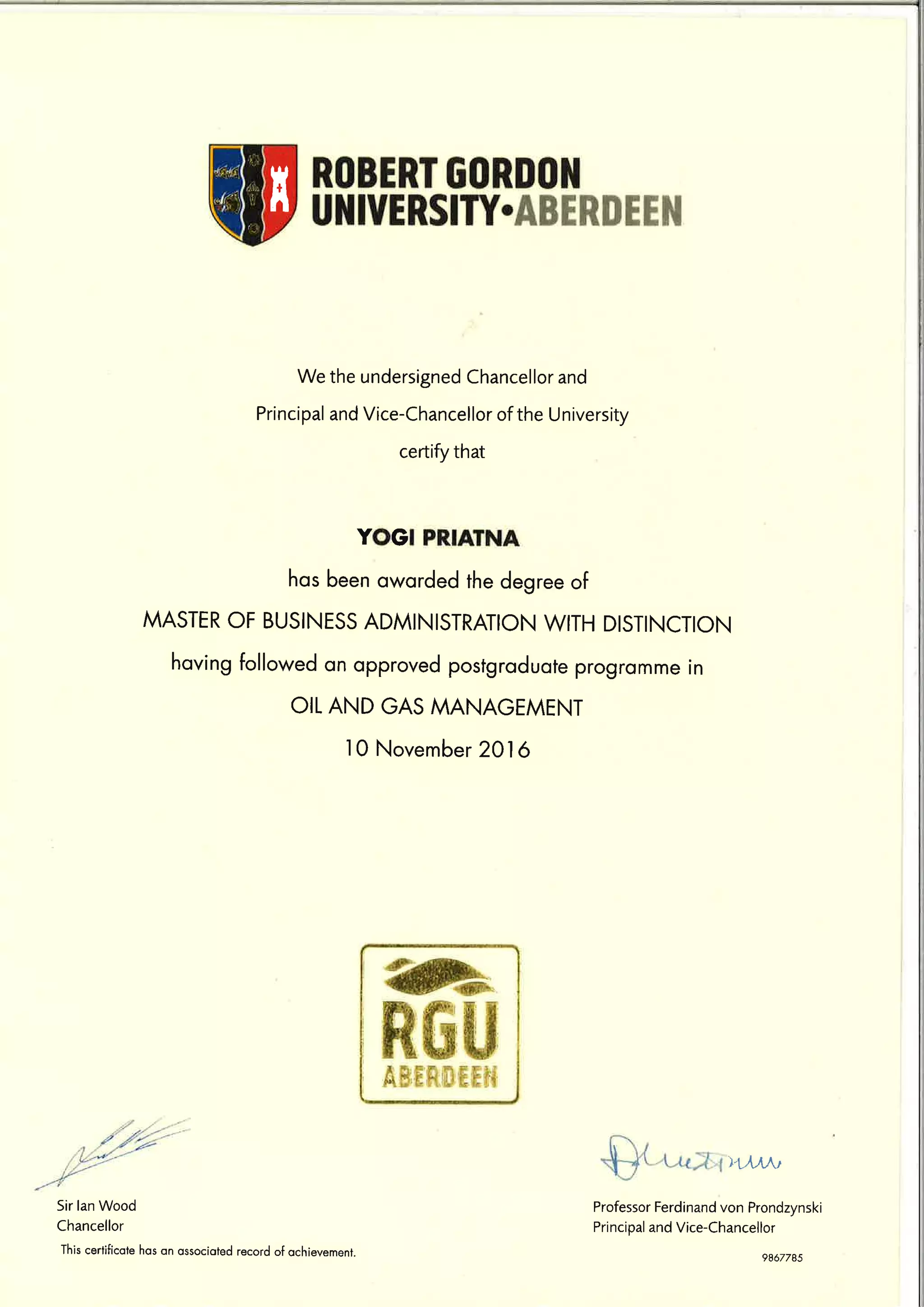 RGU MBA Certificate_Yogi Priatna | PDF