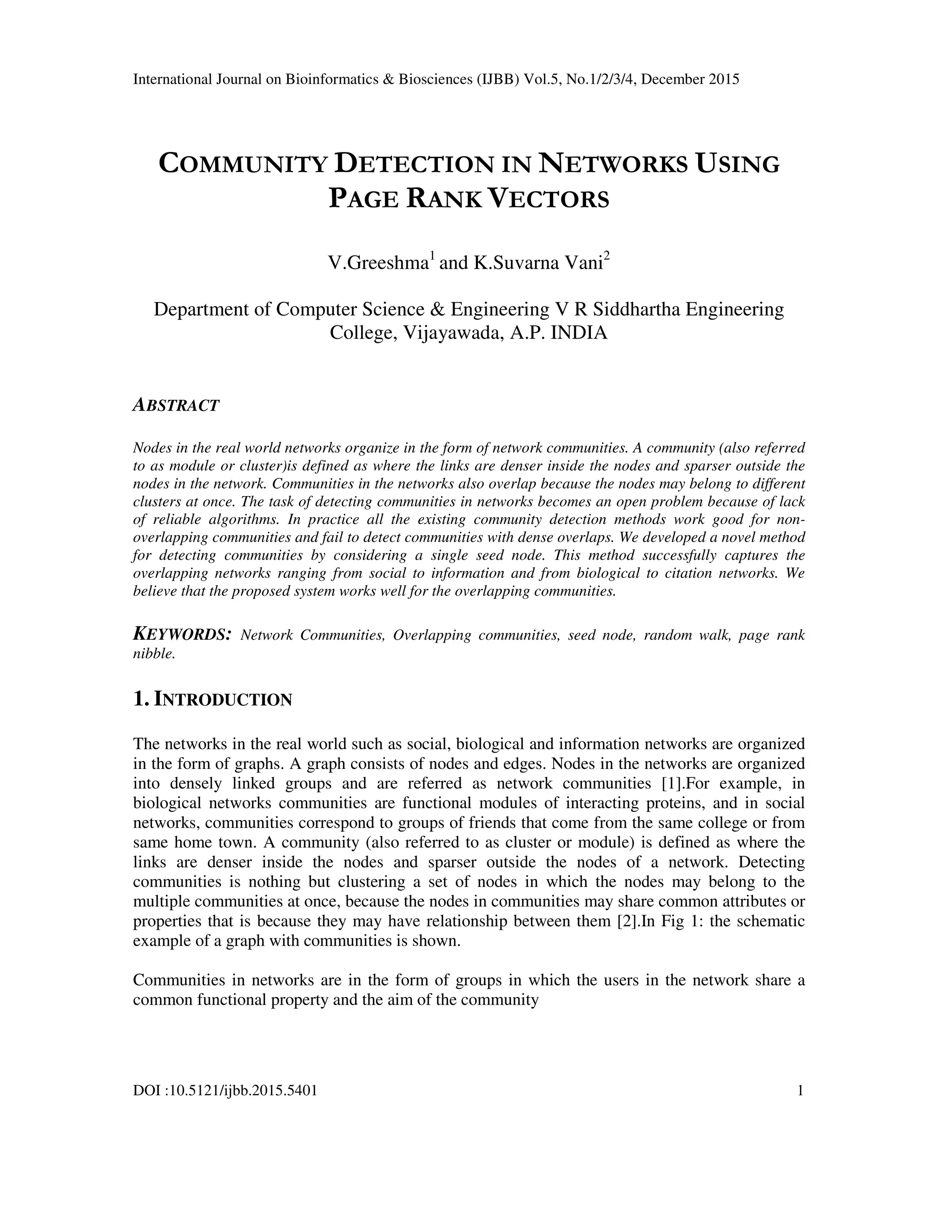 COMMUNITY DETECTION IN NETWORKS USING PAGE RANK VECTORS | PDF