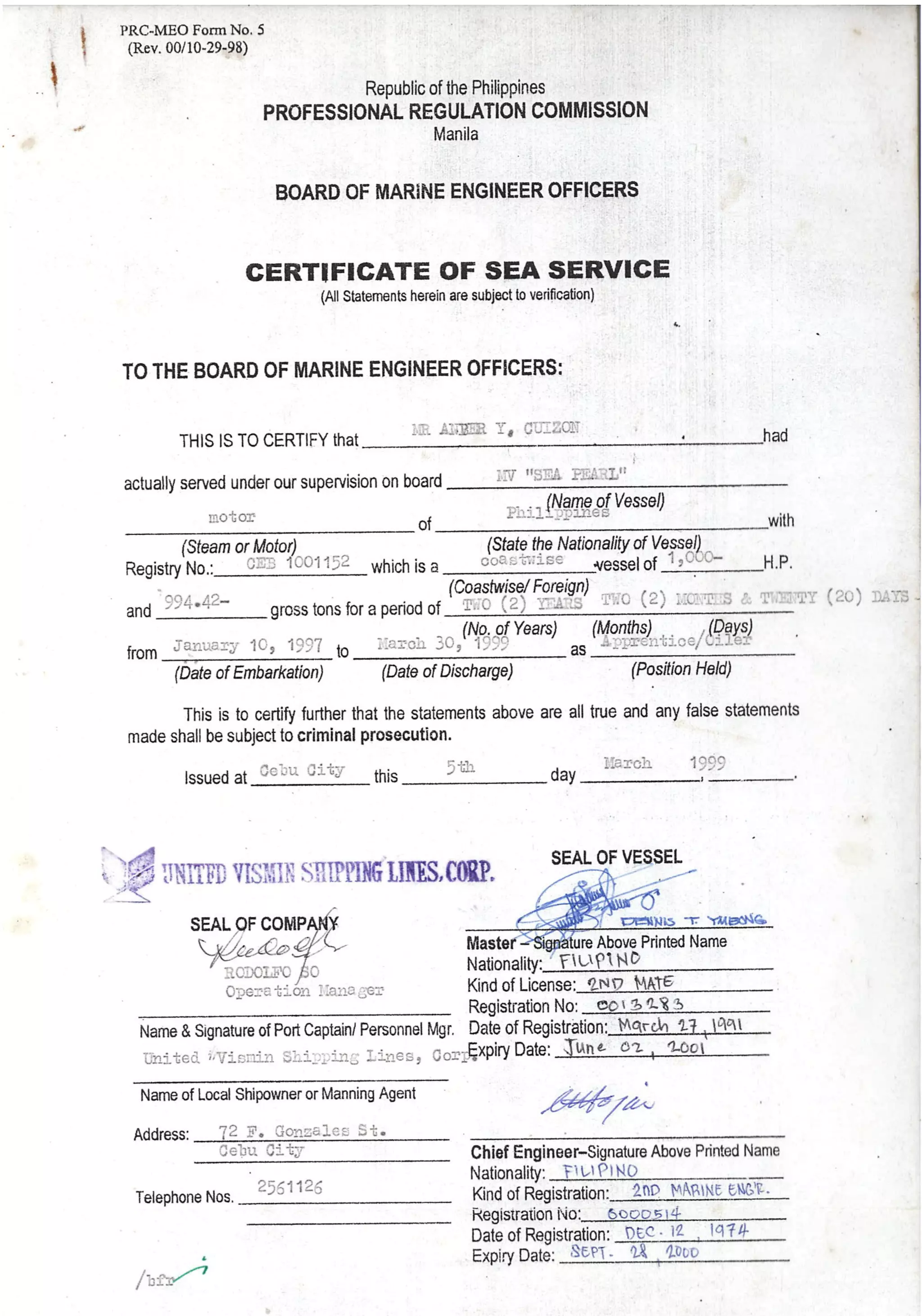 Certificate of sea service | PDF