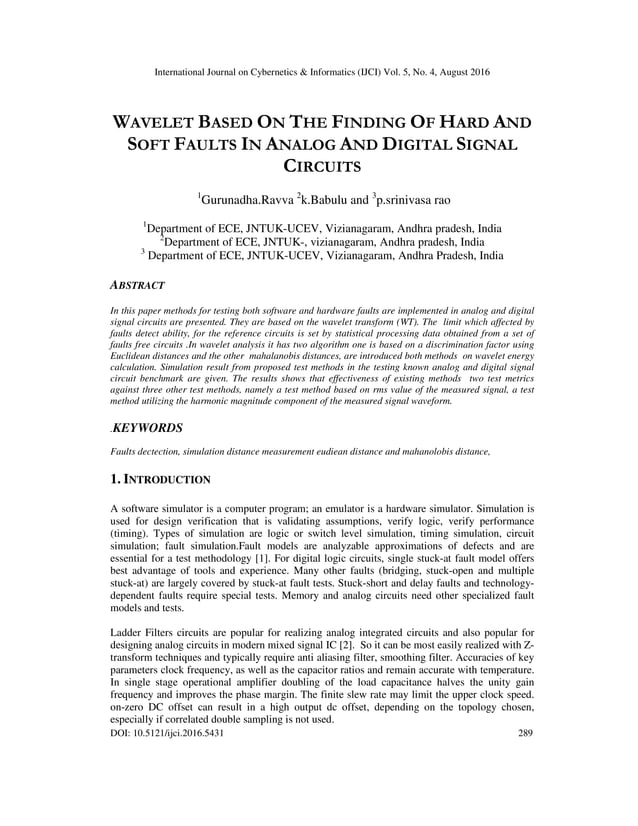 Wavelet Based On The Finding Of Hard And Soft Faults In Analog And Digital Signal Circuits Pdf