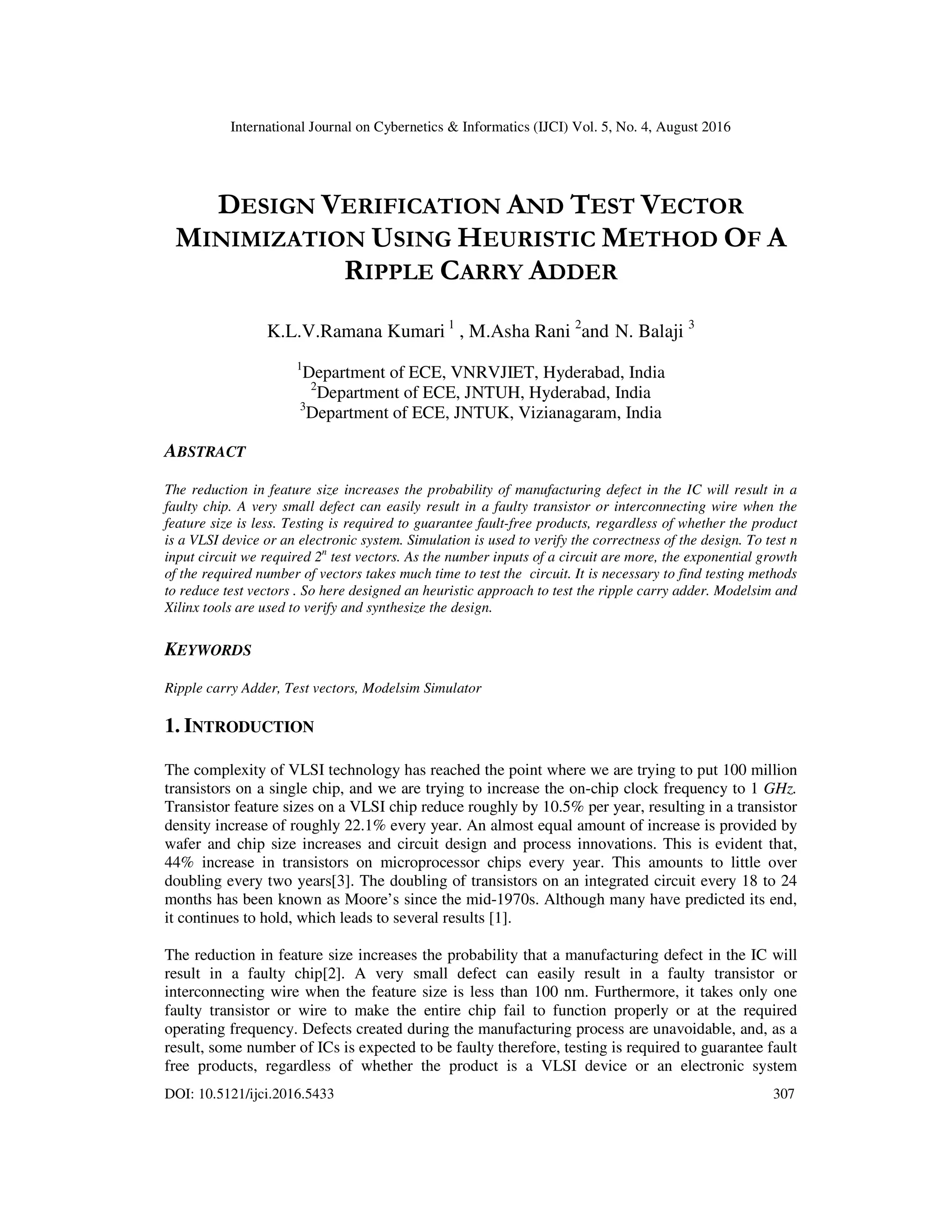 Design Verification And Test Vector Minimization Using Heuristic Method Of A Ripple Carry Adder