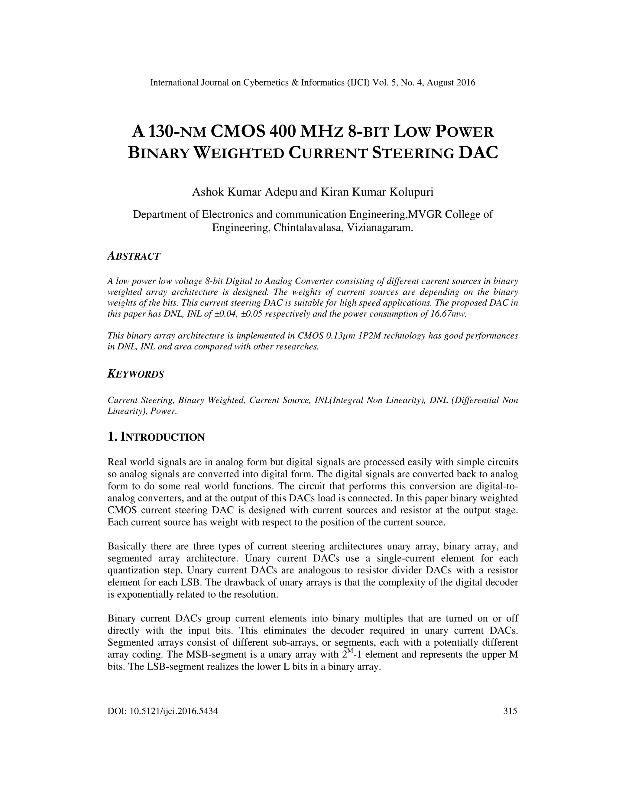A 130-NM CMOS 400 MHZ 8-Bit Low Power Binary Weighted Current Steering DAC | PDF