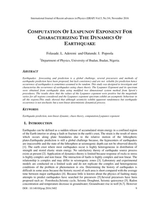 Computation of Lyapunov Exponent for Characterizing the Dynamics of Earthquake | PDF