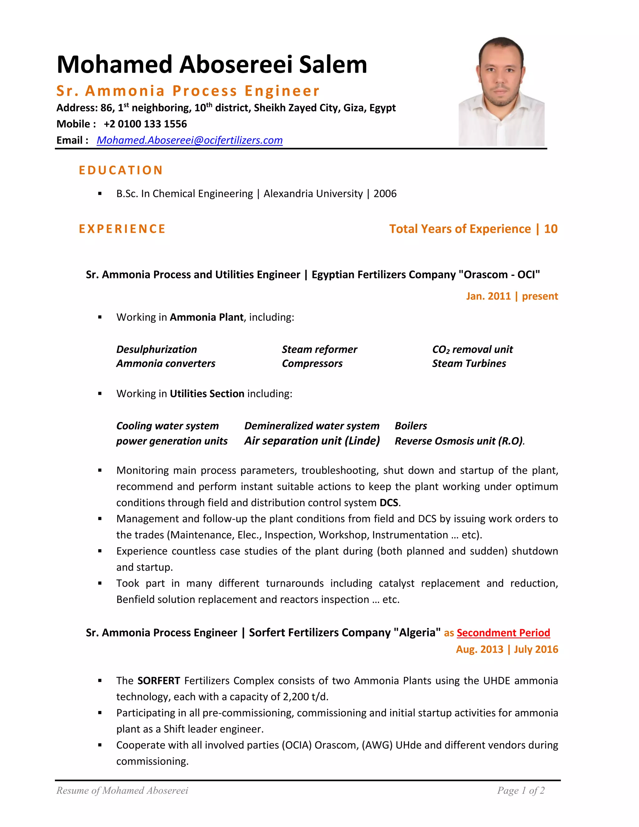 Sr. Ammonia Process Engineer's CV | PDF