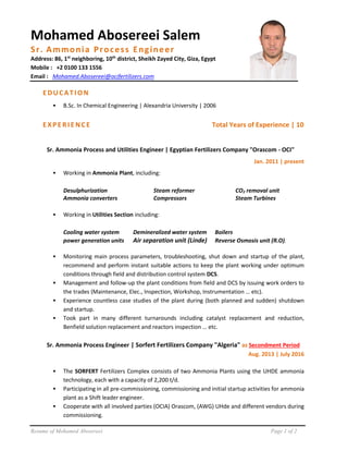 Sr. Ammonia Process Engineer's CV | PDF