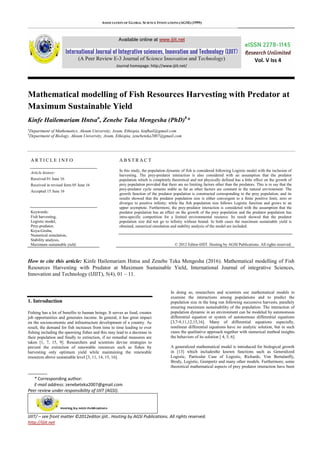 Mathematical modelling of Fish Resources Harvesting with Predator at ...