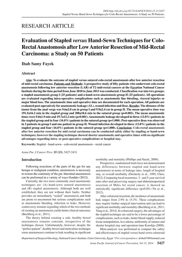 Evaluation of Stapled versus Hand-Sewn Techniques for Colo- Rectal Anastomosis after Low ...