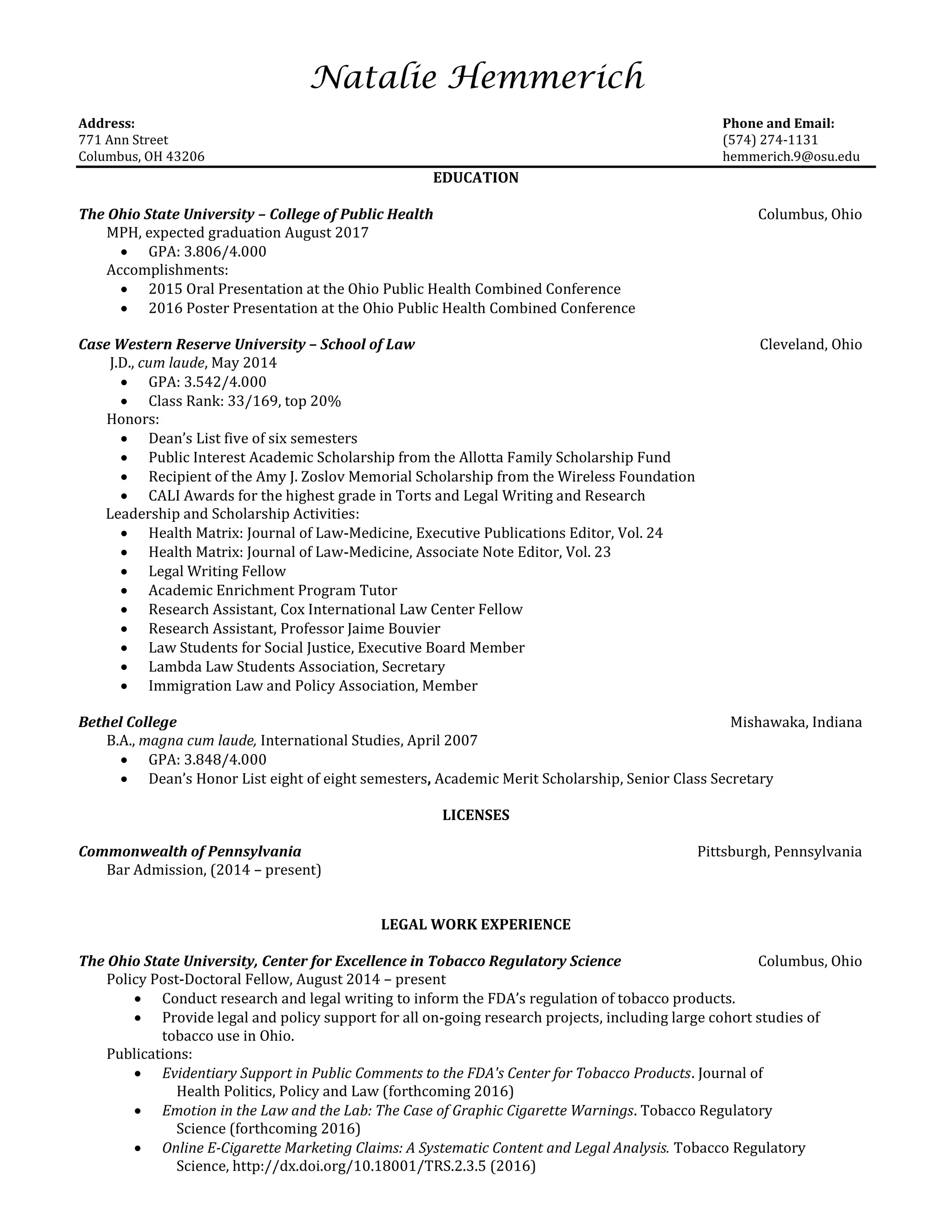 Hemmerich Resume JD 2016 MPH | PDF