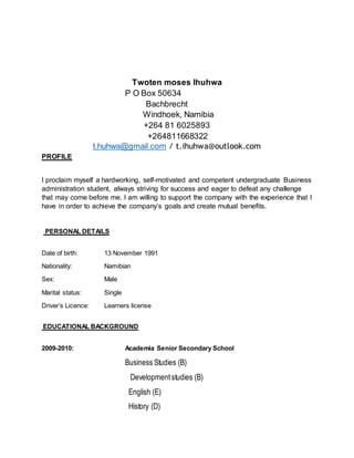 twoten ihuhwa curriculum vitae full | DOCX | Business | Business and ...