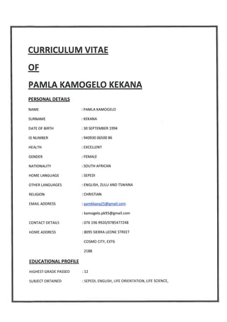 PAMLA KAMOGELO KEKANA' S CV | PDF