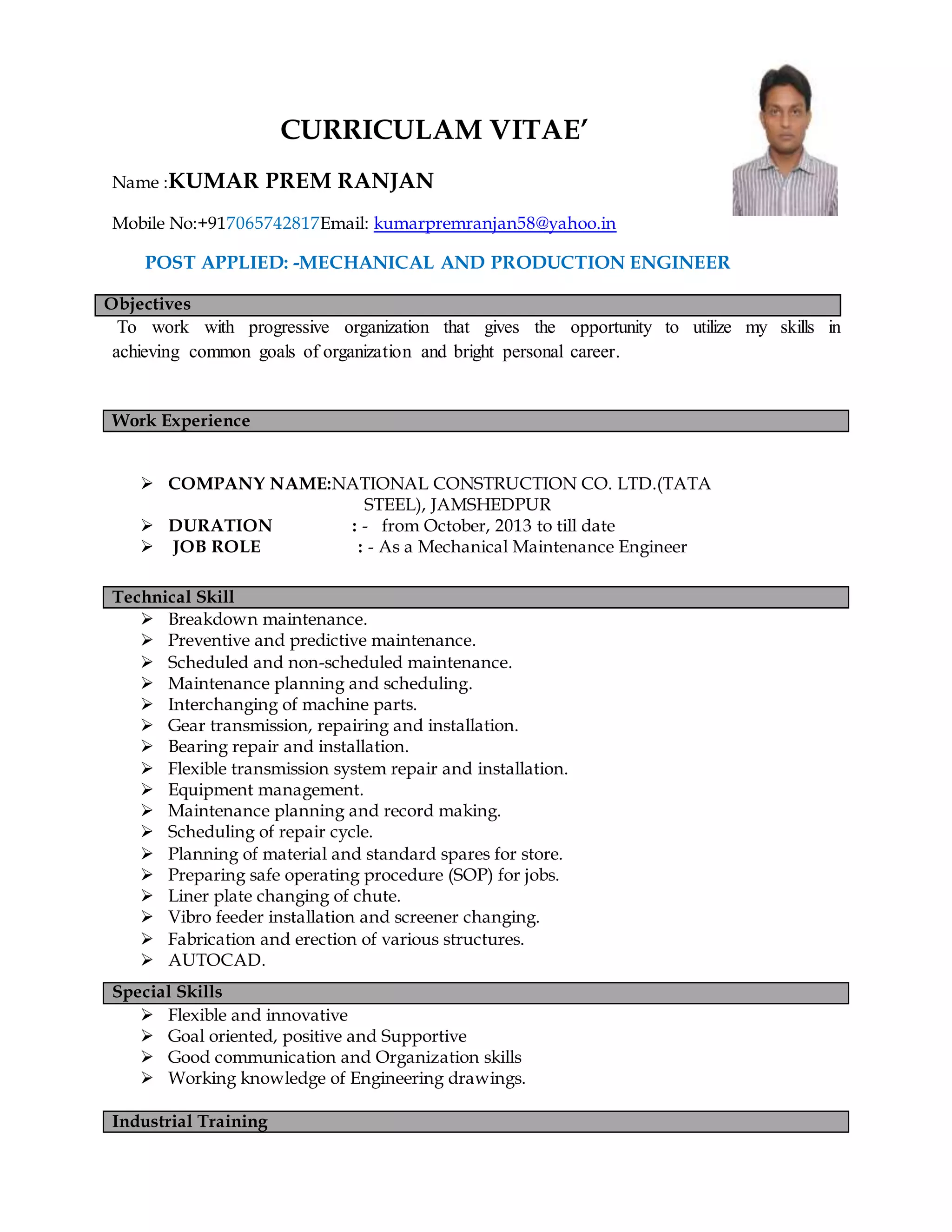 KUMAR PREM RANJAN CV | DOCX