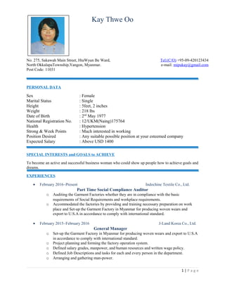 CV of Kay Thwe Oo~2016 | DOC | Manufacturing Industry | Industries
