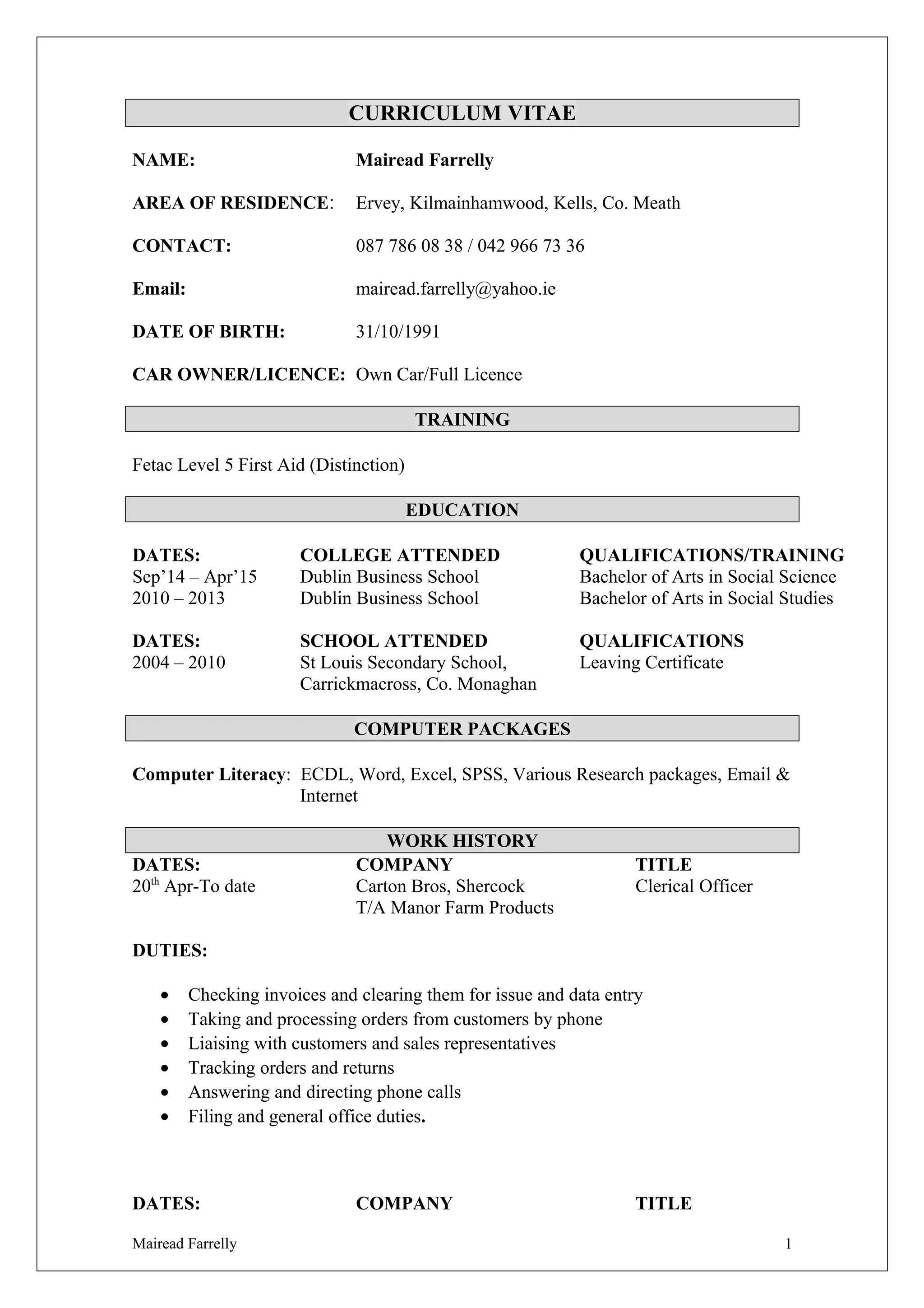 Mairead Farrelly CV | DOC