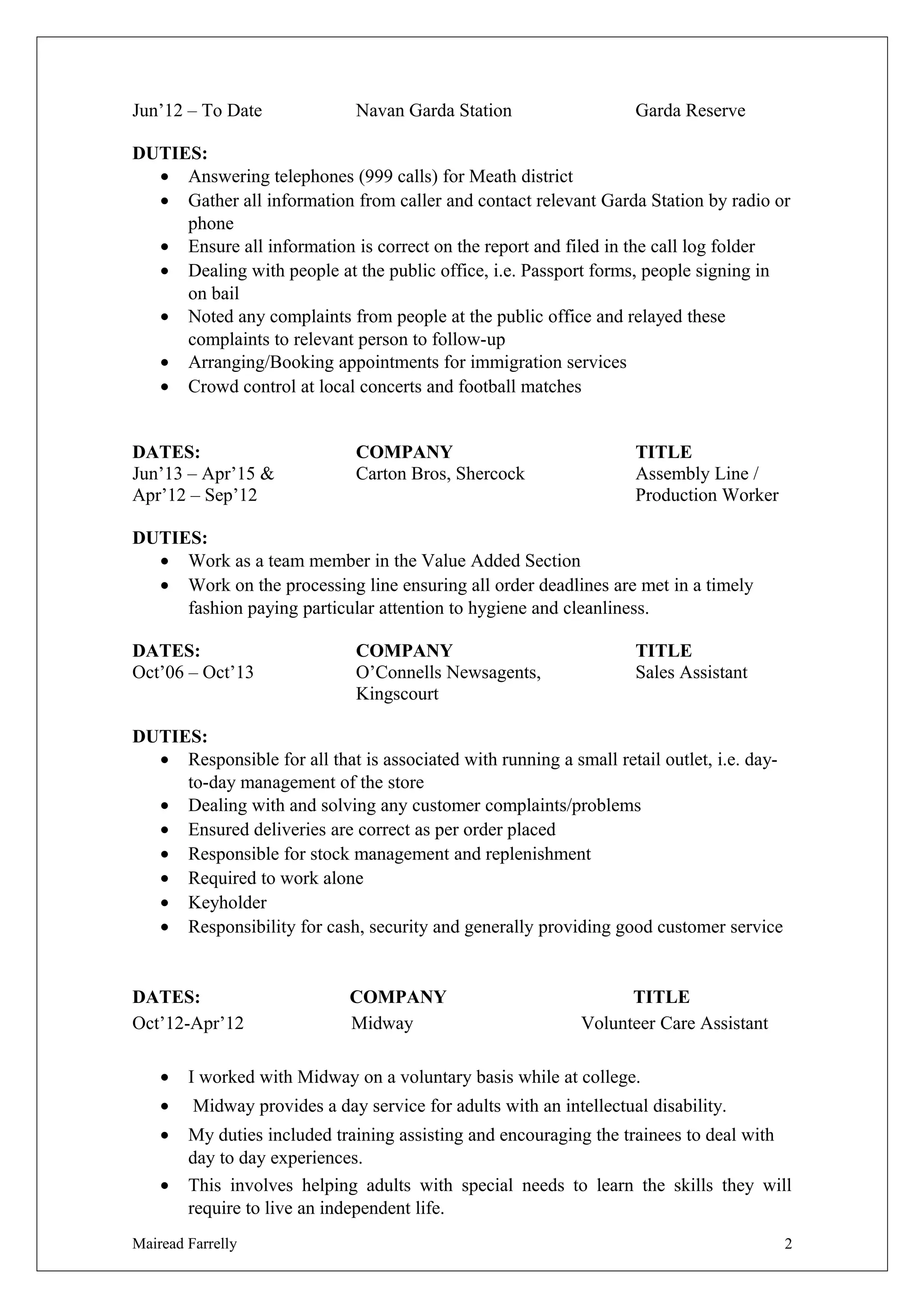 Mairead Farrelly CV | DOC