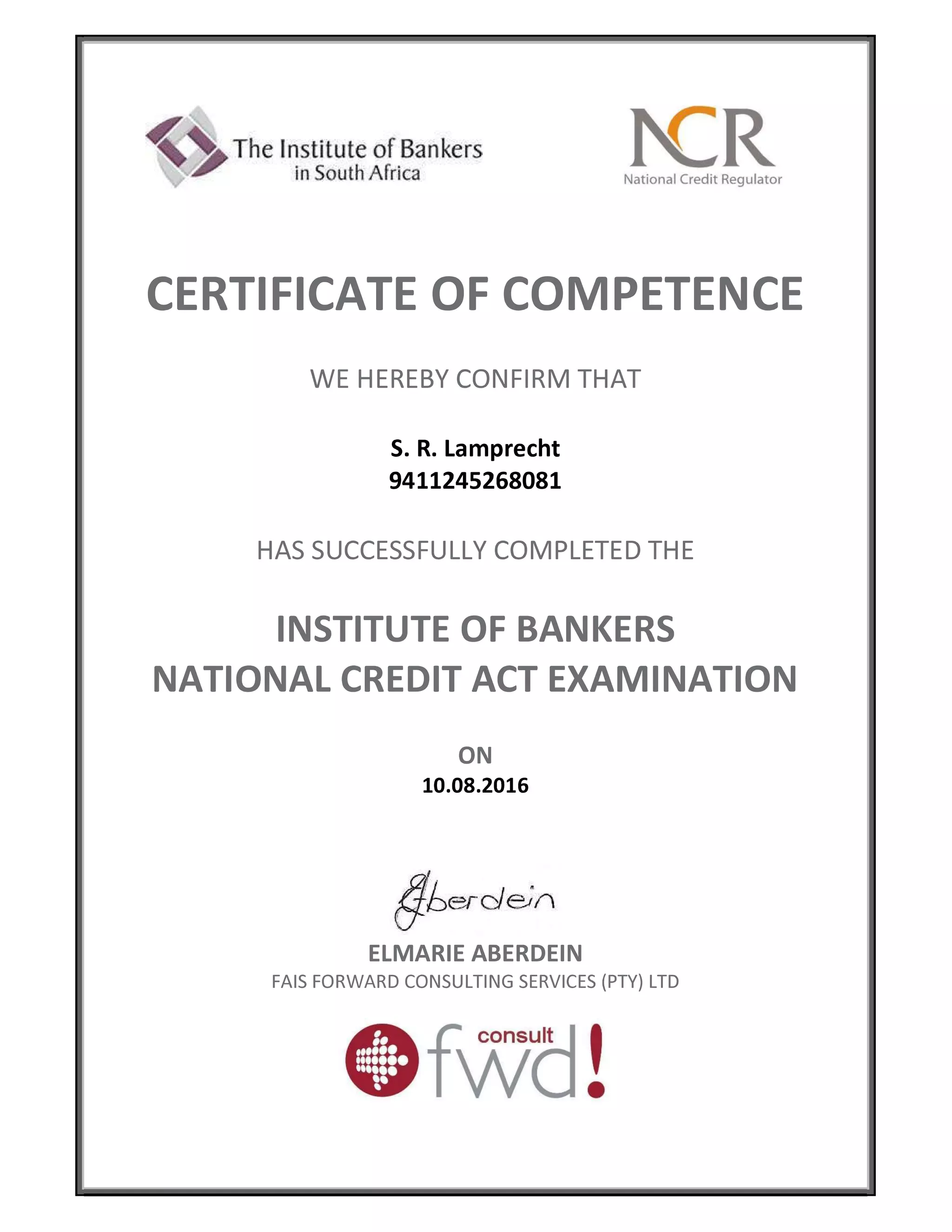 NCA Certificate - SR Lamprecht | PDF