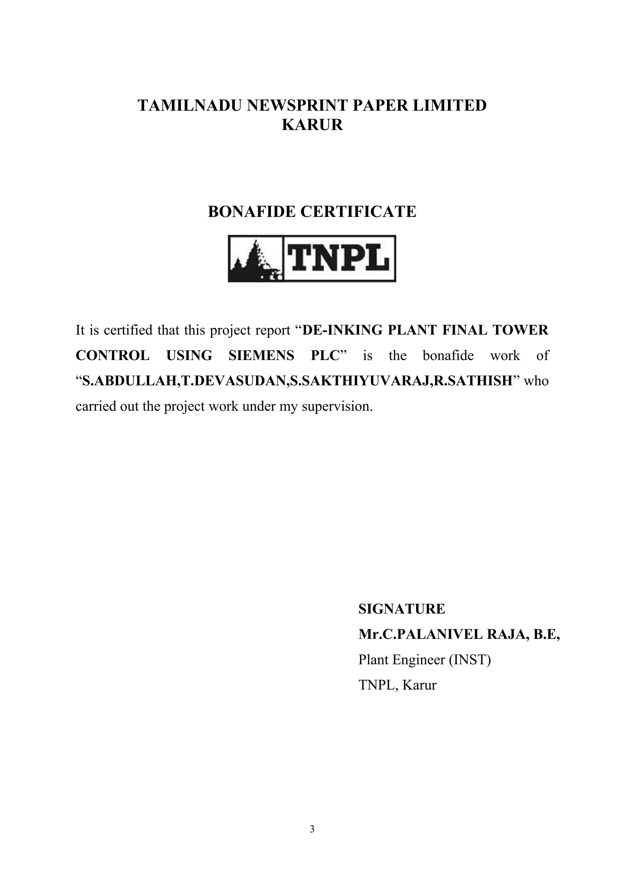 De-Inking Plant Final Tower Control using SIEMENS PLC(report | DOC