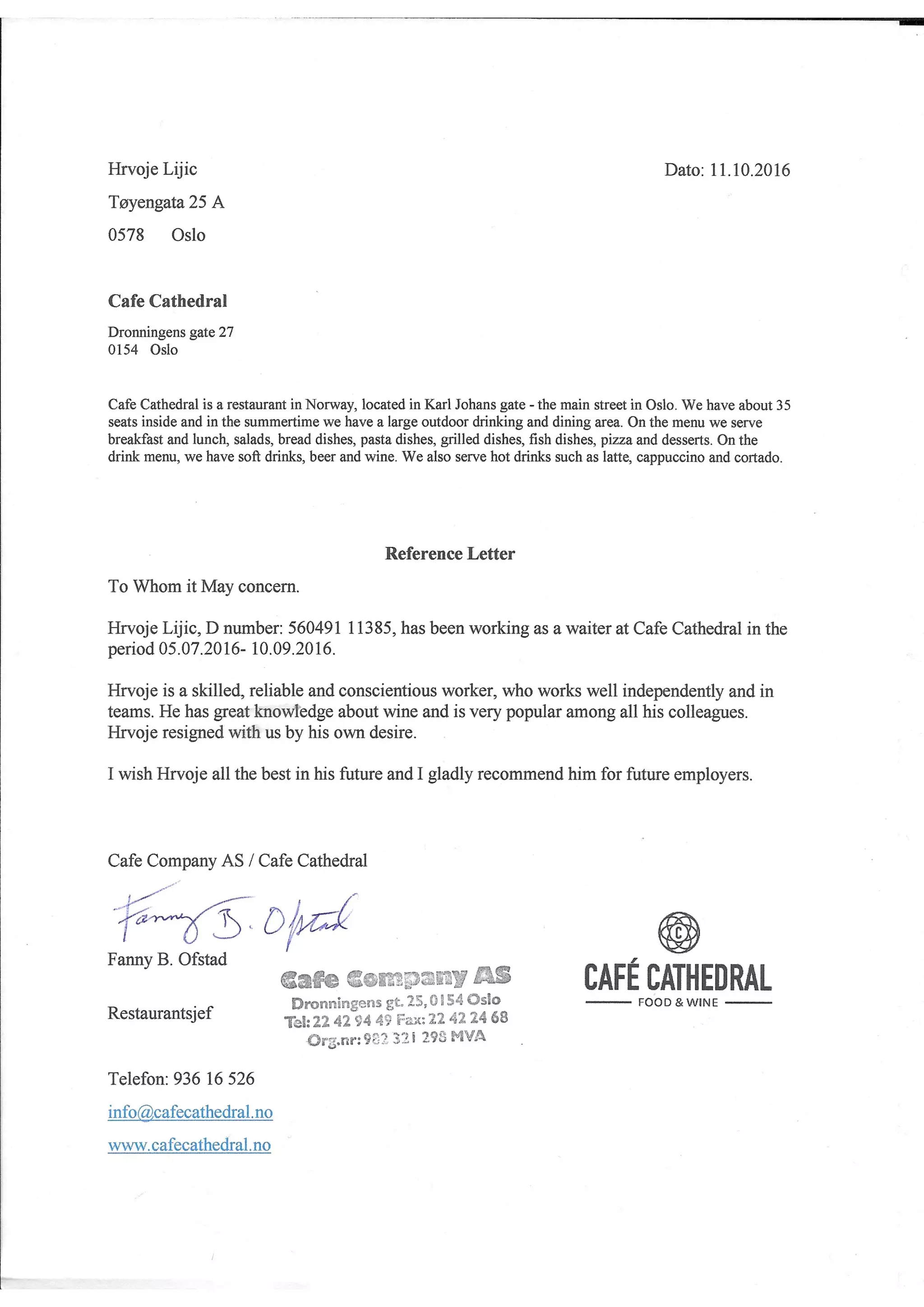 REFERENCE LETTER (CAFE CATHEDRAL) | PDF