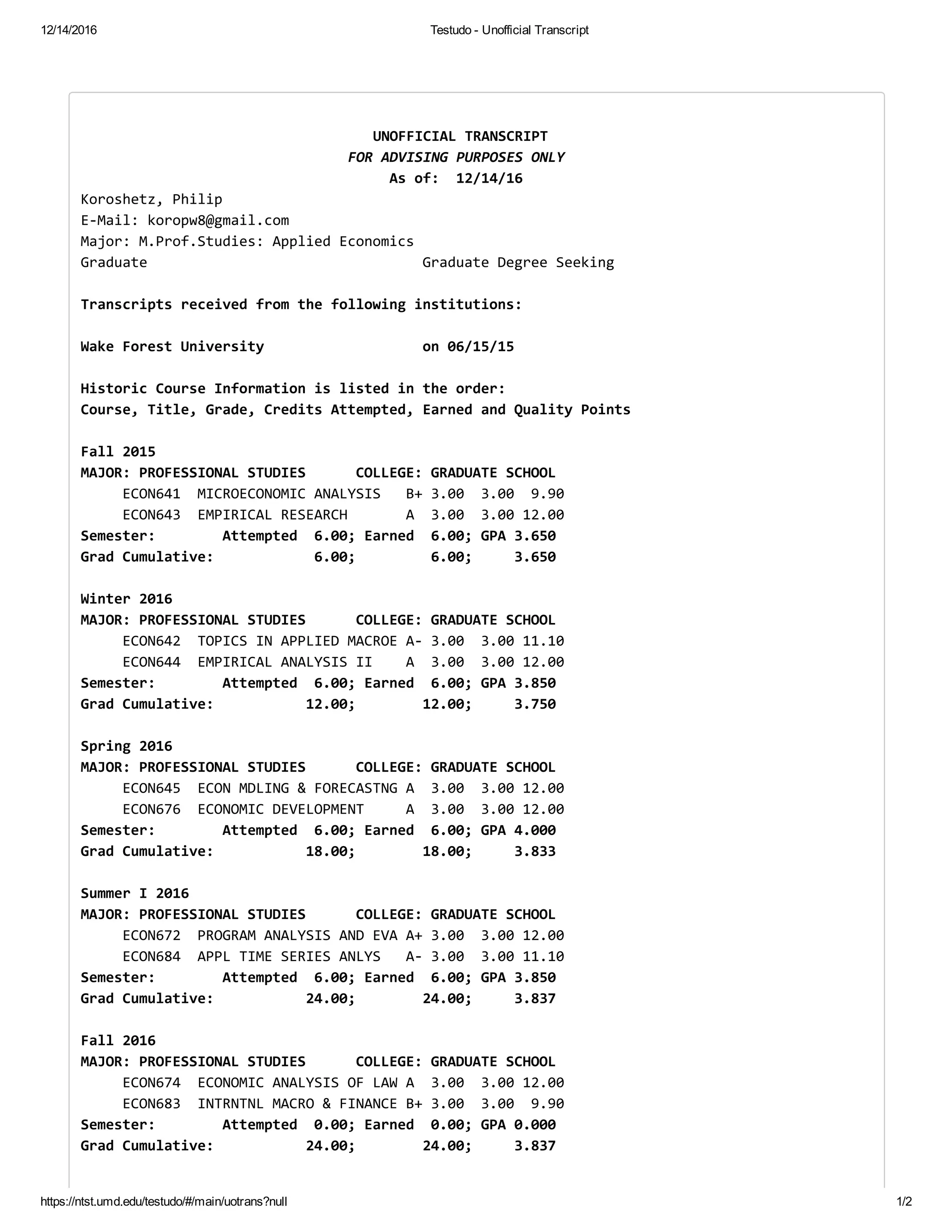 UMD Unofficial Transcript | PDF | Undergraduate Education | College ...