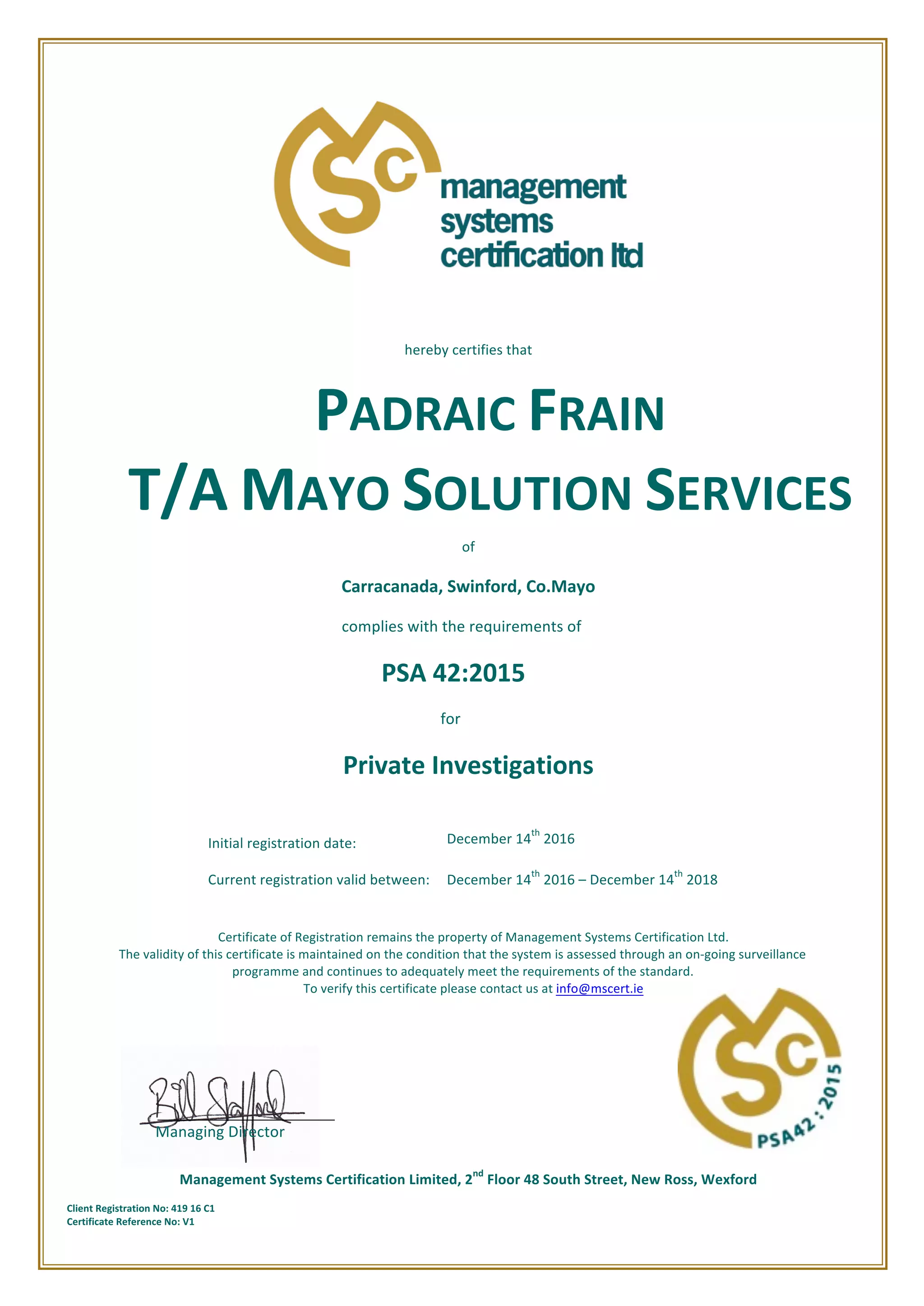 Padraic Frain PSA 42 certificate 2016 | PDF