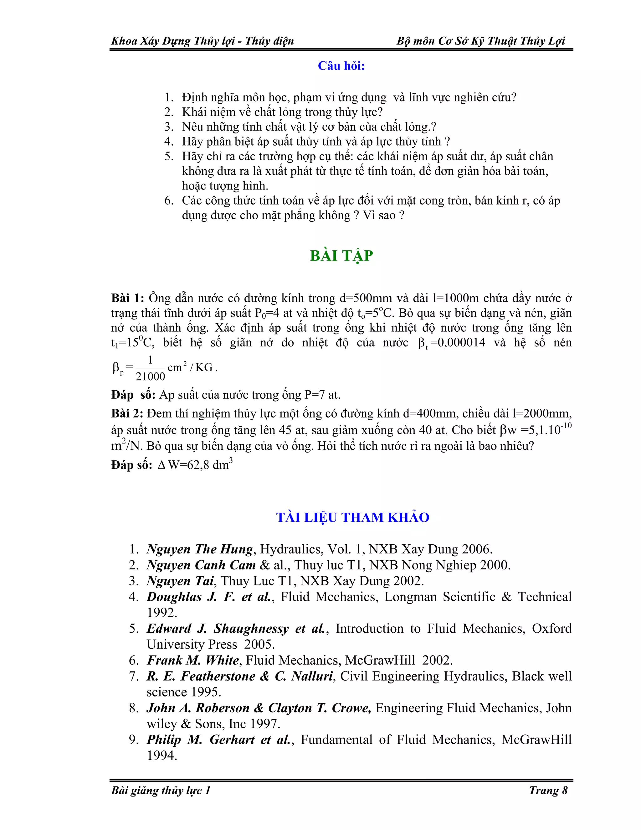 Giáo Trình Môn Học Thủy Lực Cơ Sở - Nguyễn Thế Hùng | PDF