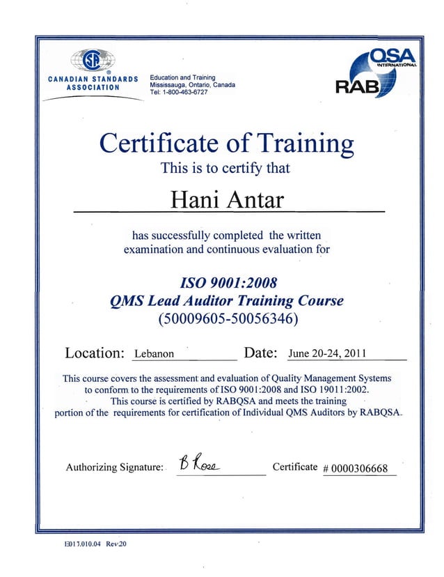 CSA-Lead Auditor Certificate (ISO9001-2008) | PDF