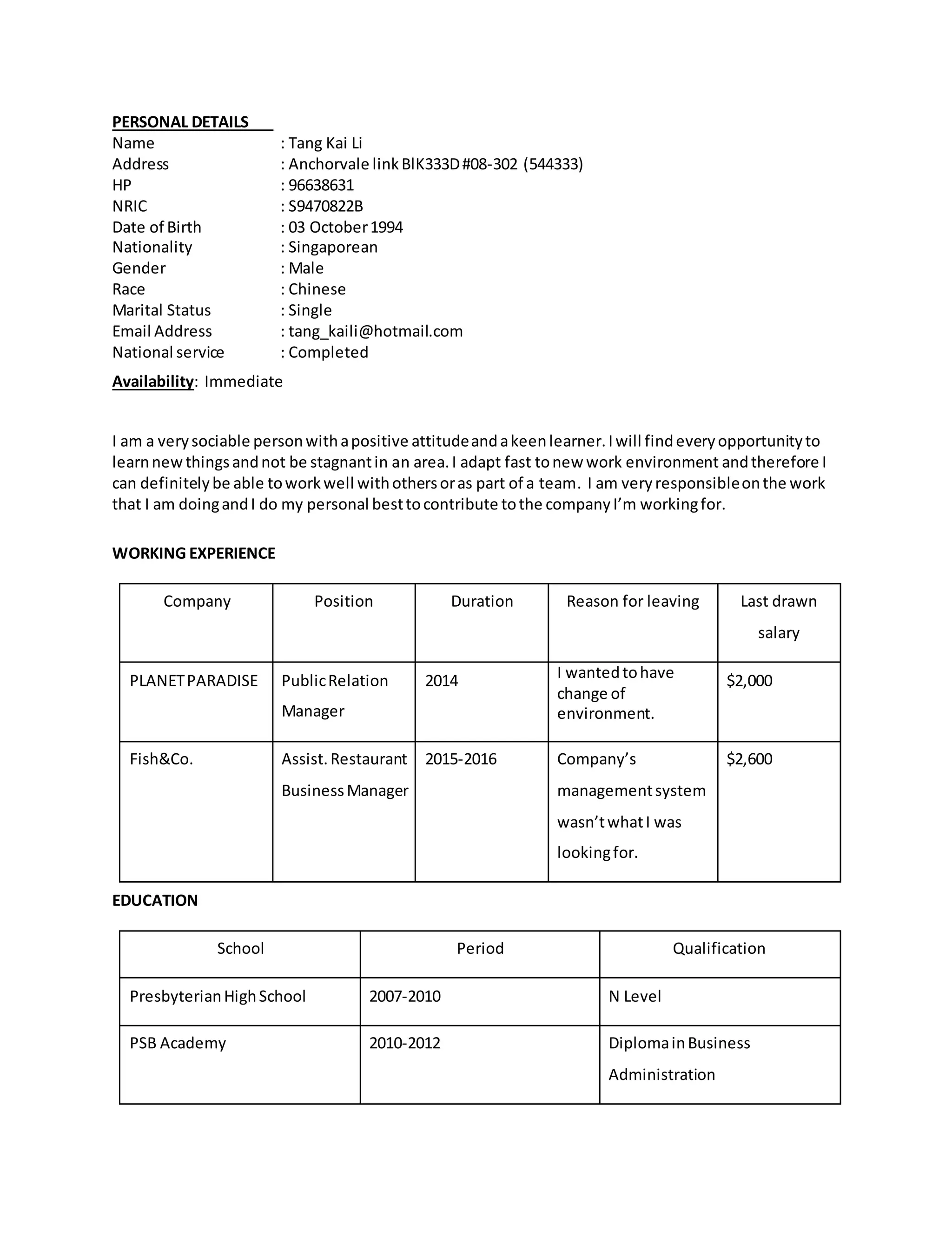 Resume - Tang Kai Li | DOCX | Career Advice | Careers