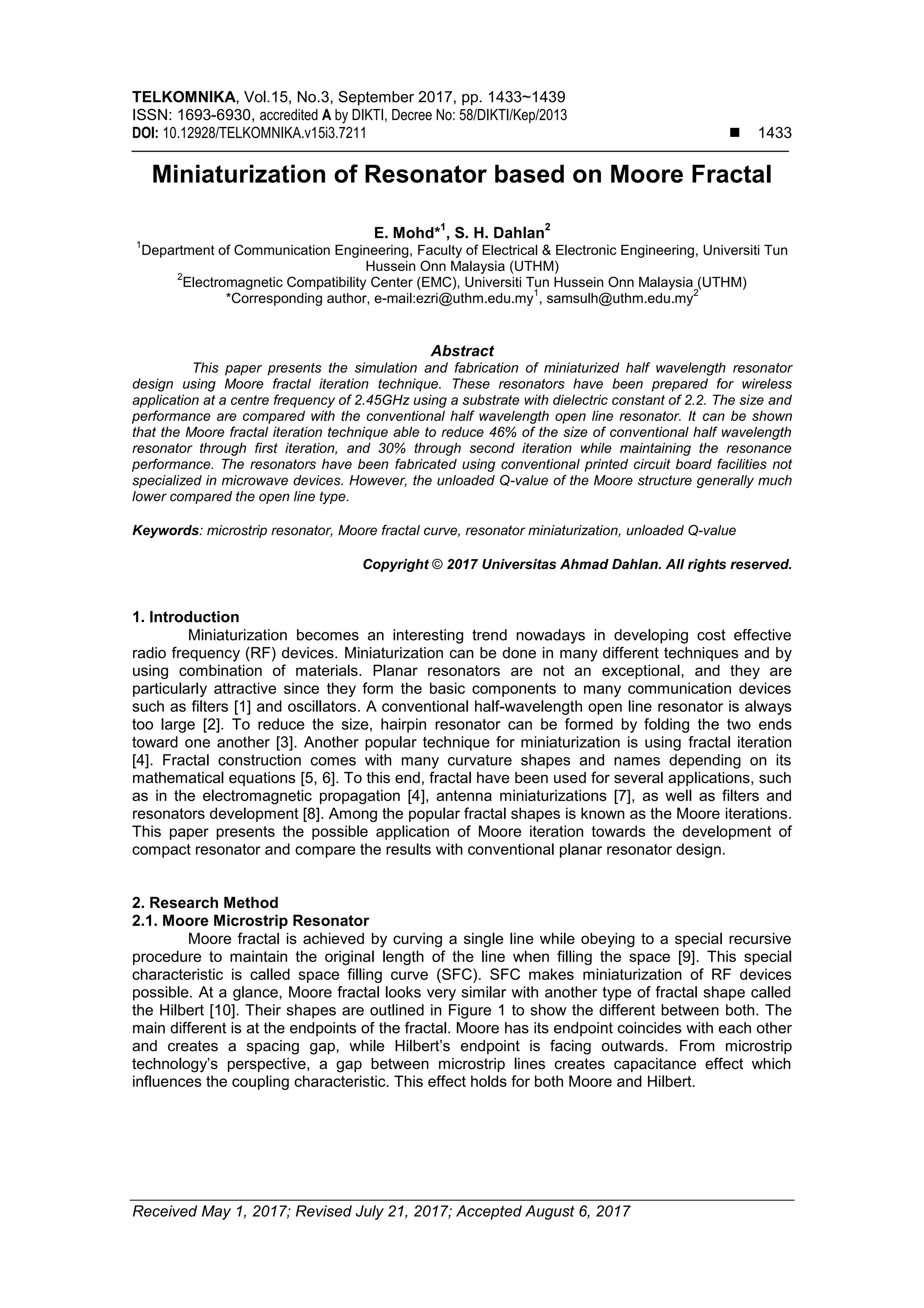 Miniaturization Of Resonator Based On Moore Fractal Pdf