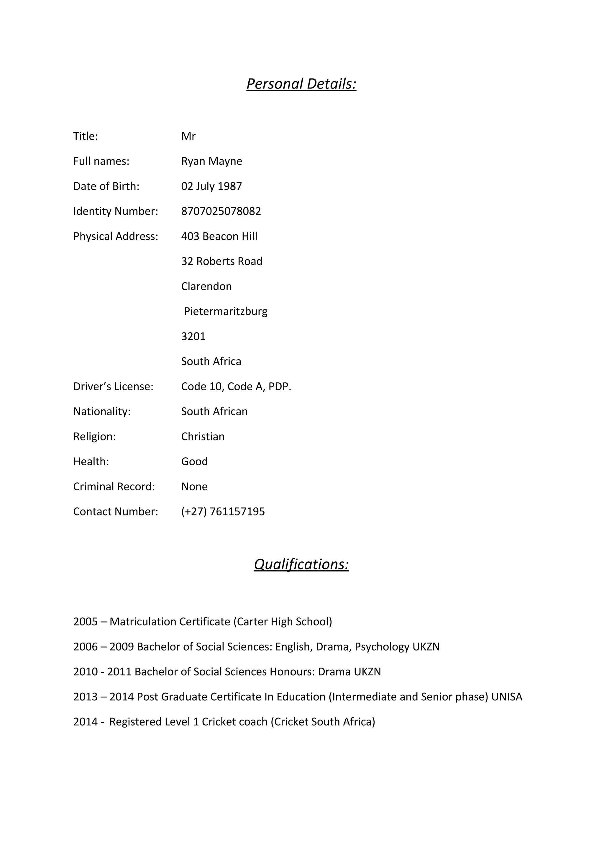 Curriculum Vitae of Ryan Mayne | DOC