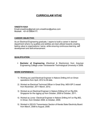 Resume- Electrical Engineer-project descripition | DOC