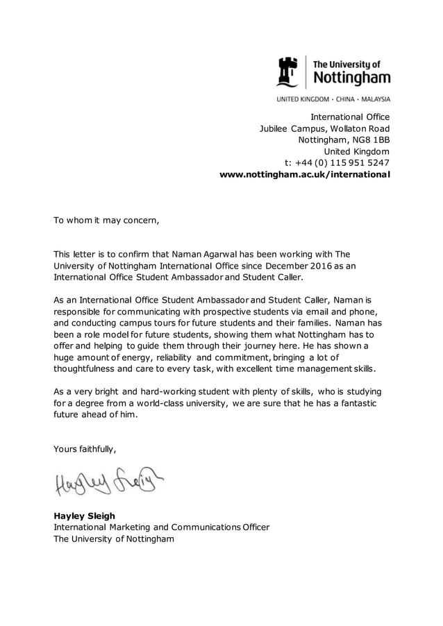 International Student Caller - Reference letter | DOCX