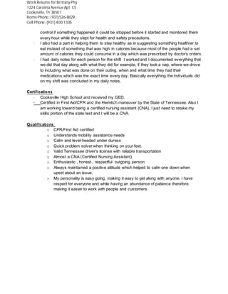 resume for Brittany | PDF | First Aid | Injuries