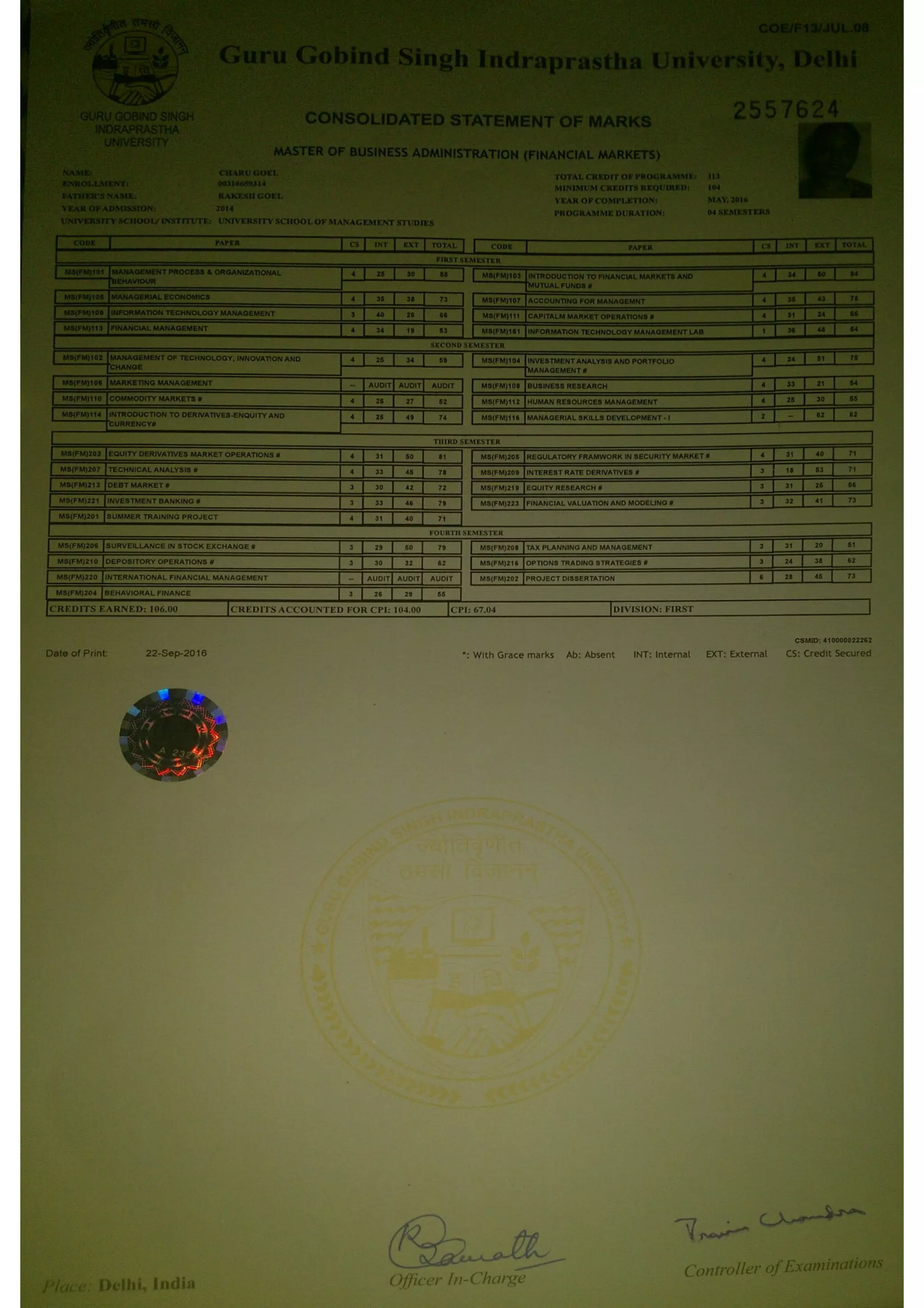 consolidated statement of marks MBA | PDF
