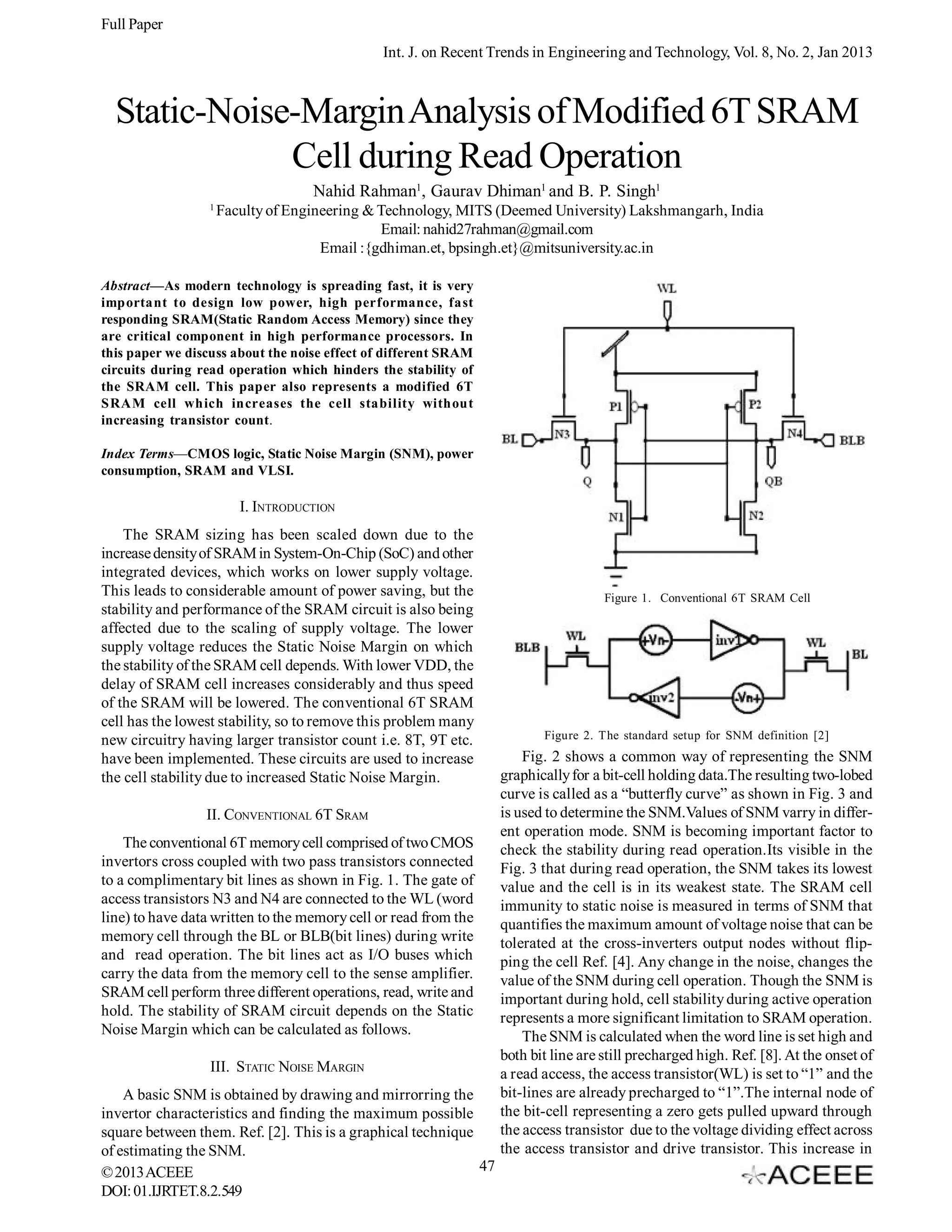 Static-Noise-Margin Analysis of Modified 6T SRAM Cell during Read Operation | PDF