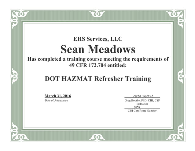 Certificate of HAZMAT REFRESHER TRAINING | PDF