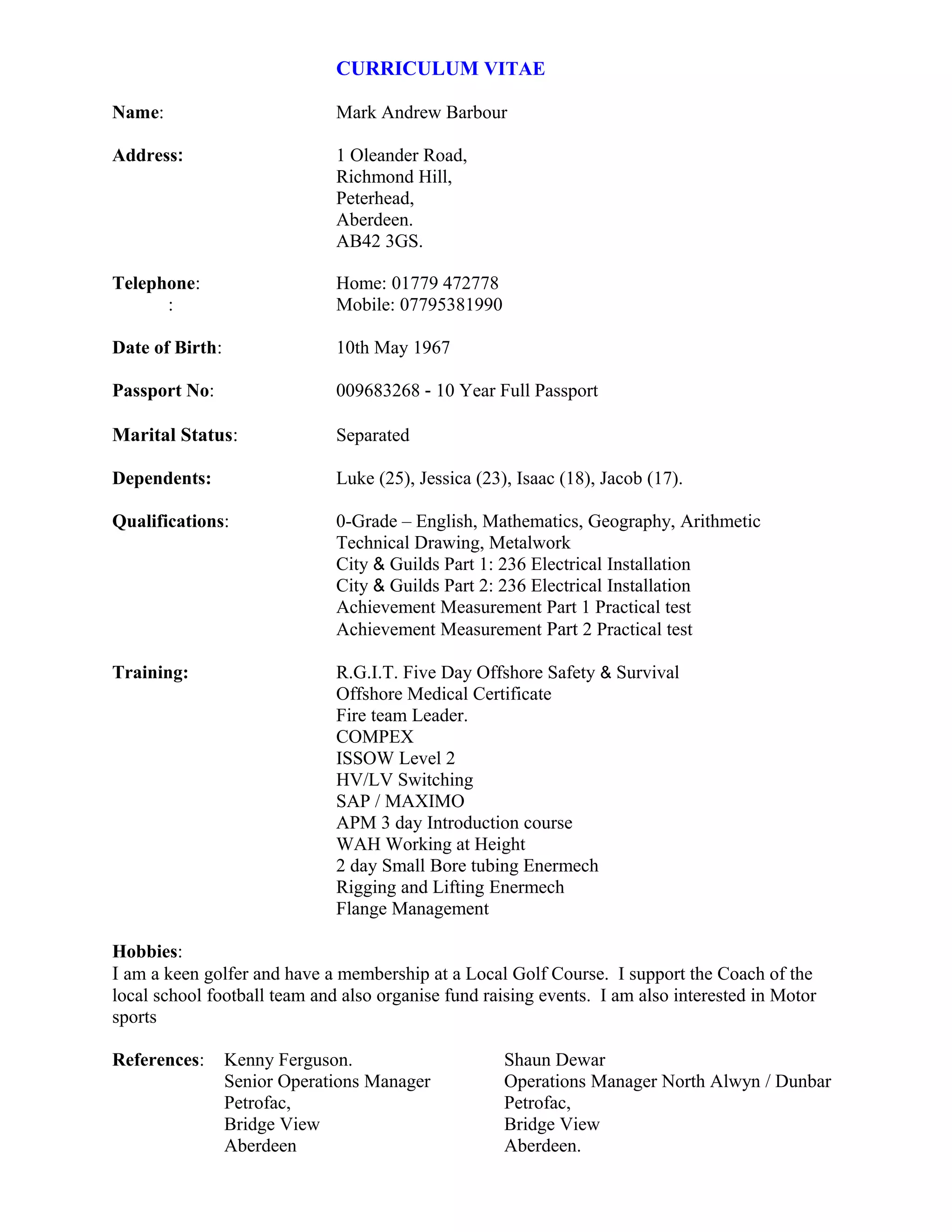 MarkBarbour CV November 2015 | PDF