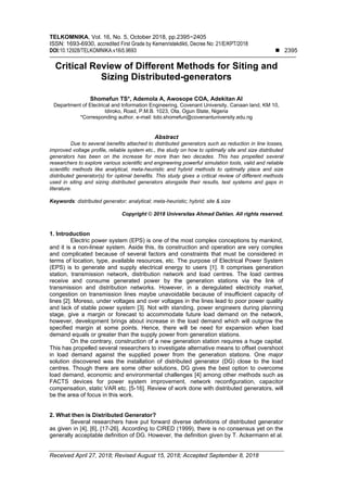 Critical Review of Different Methods for Siting and Sizing Distributed-generators | PDF