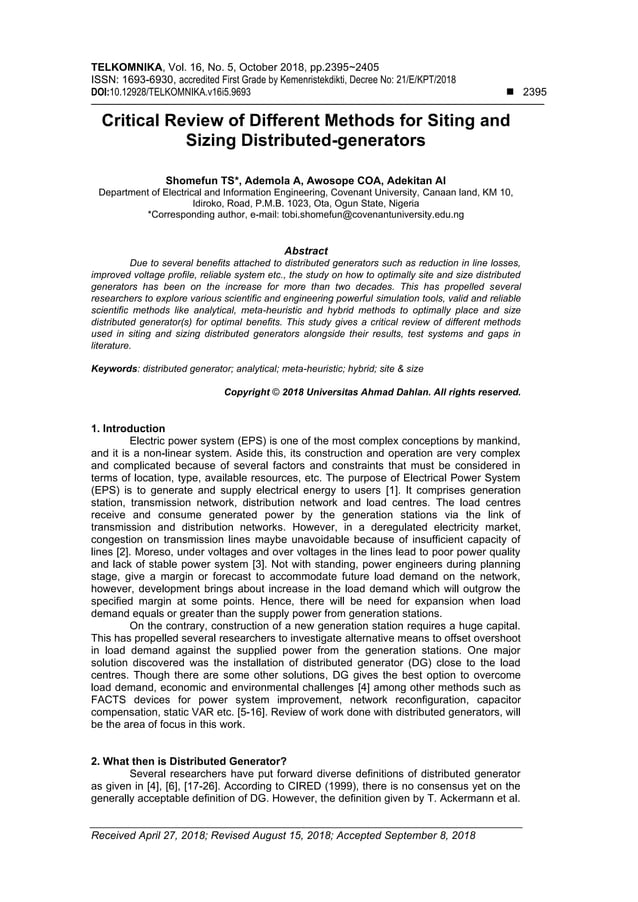 Critical Review of Different Methods for Siting and Sizing Distributed-generators | PDF