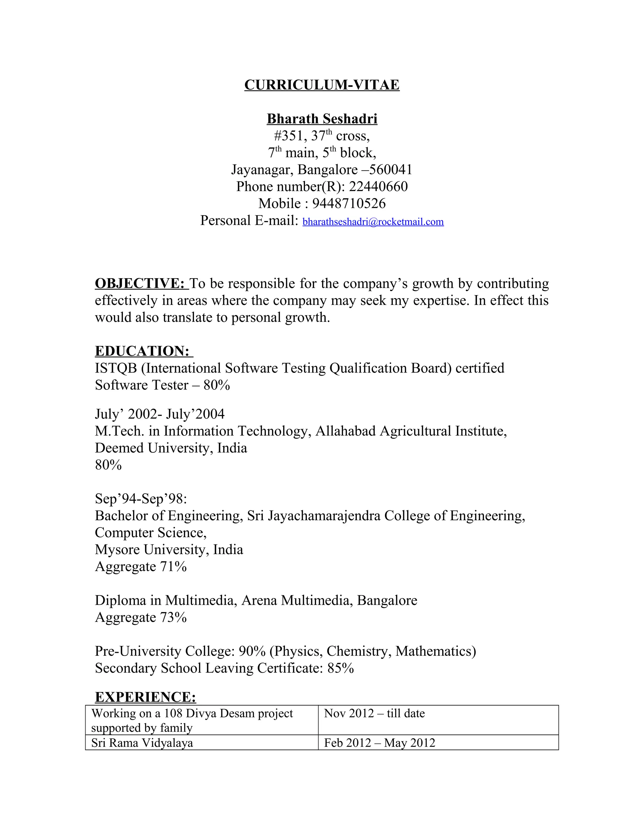 Bharath Detailed Resume | DOC