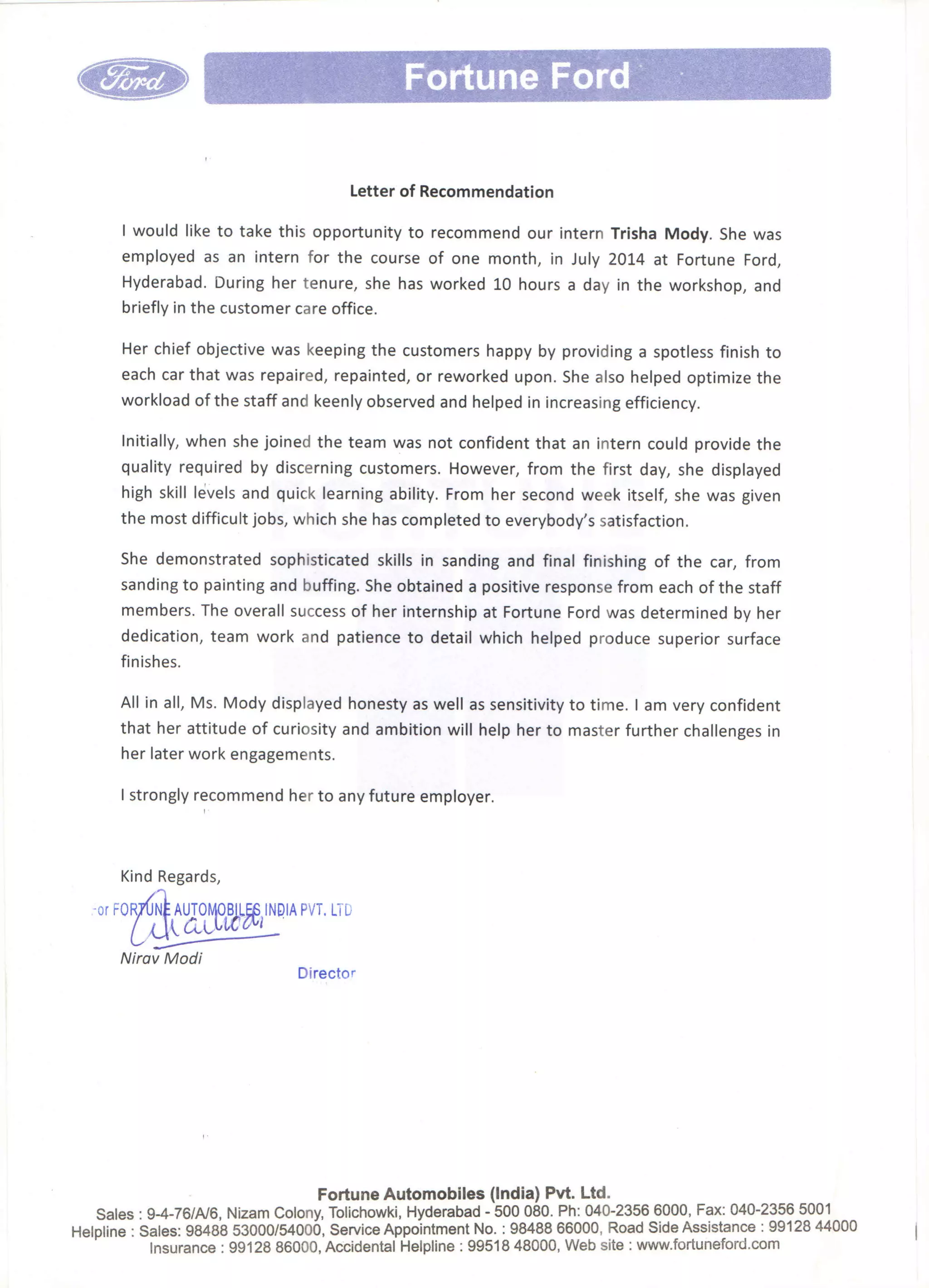 Fortune Ford Letter of Recommendation | PDF