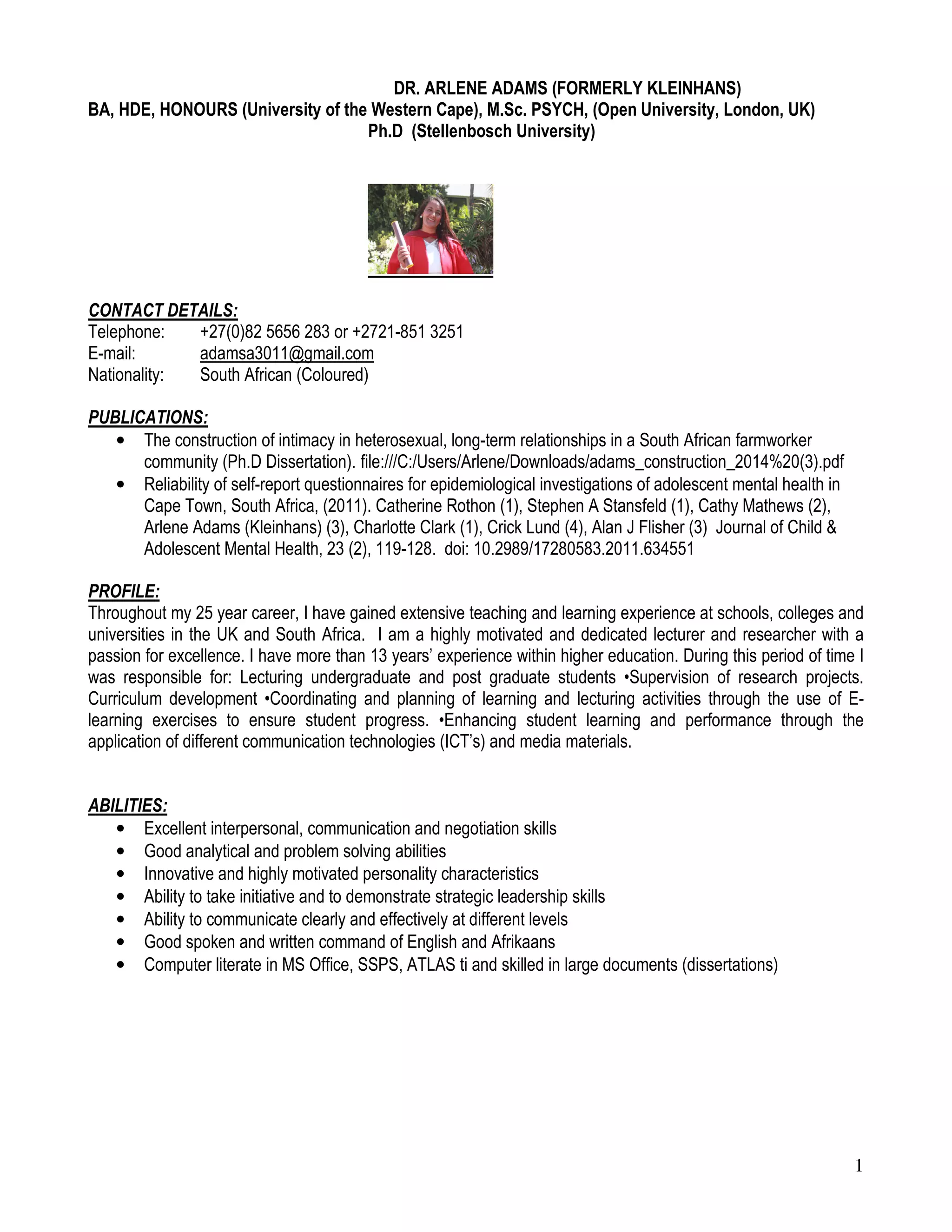 Dr. Arlene Adams - CV Full - 2015 | PDF