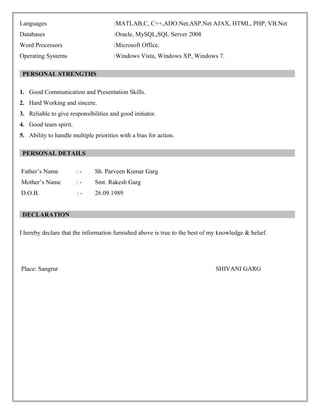 shivani garg-resume | DOC | Databases | Computer Software and Applications