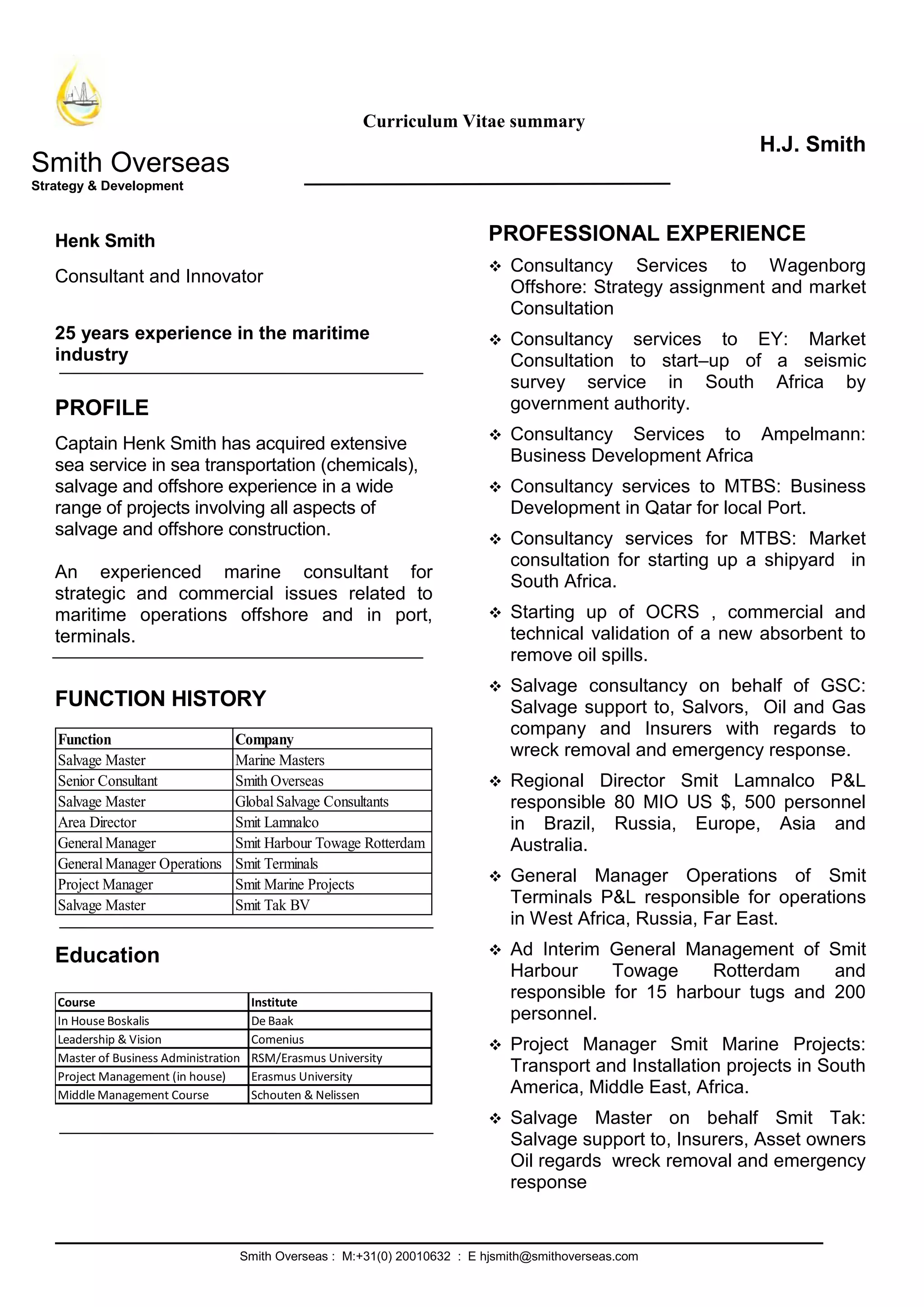Henk Smith_Mini CV_Smith Overseas | PDF