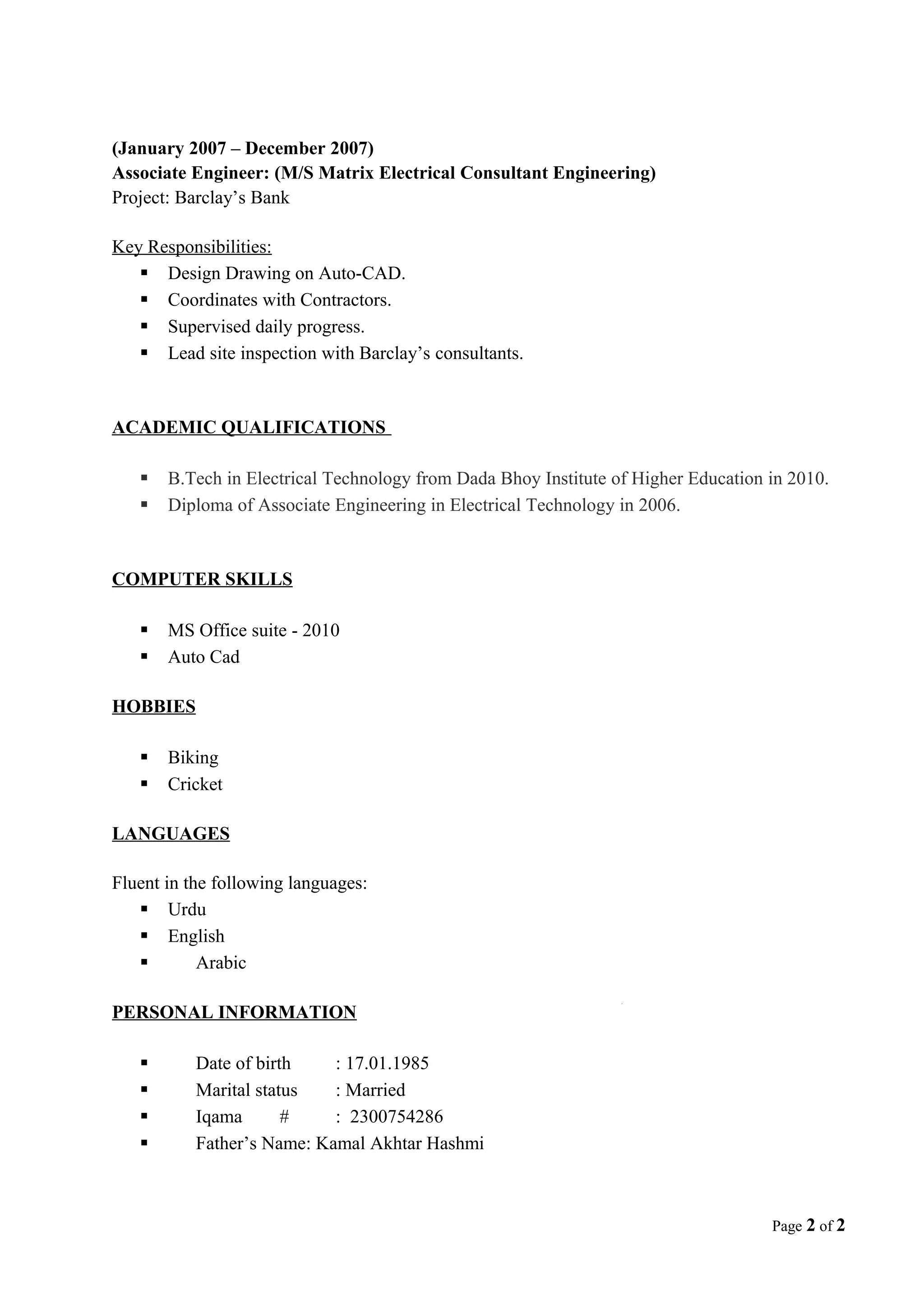 Humayoon Hashmi Resume | DOC