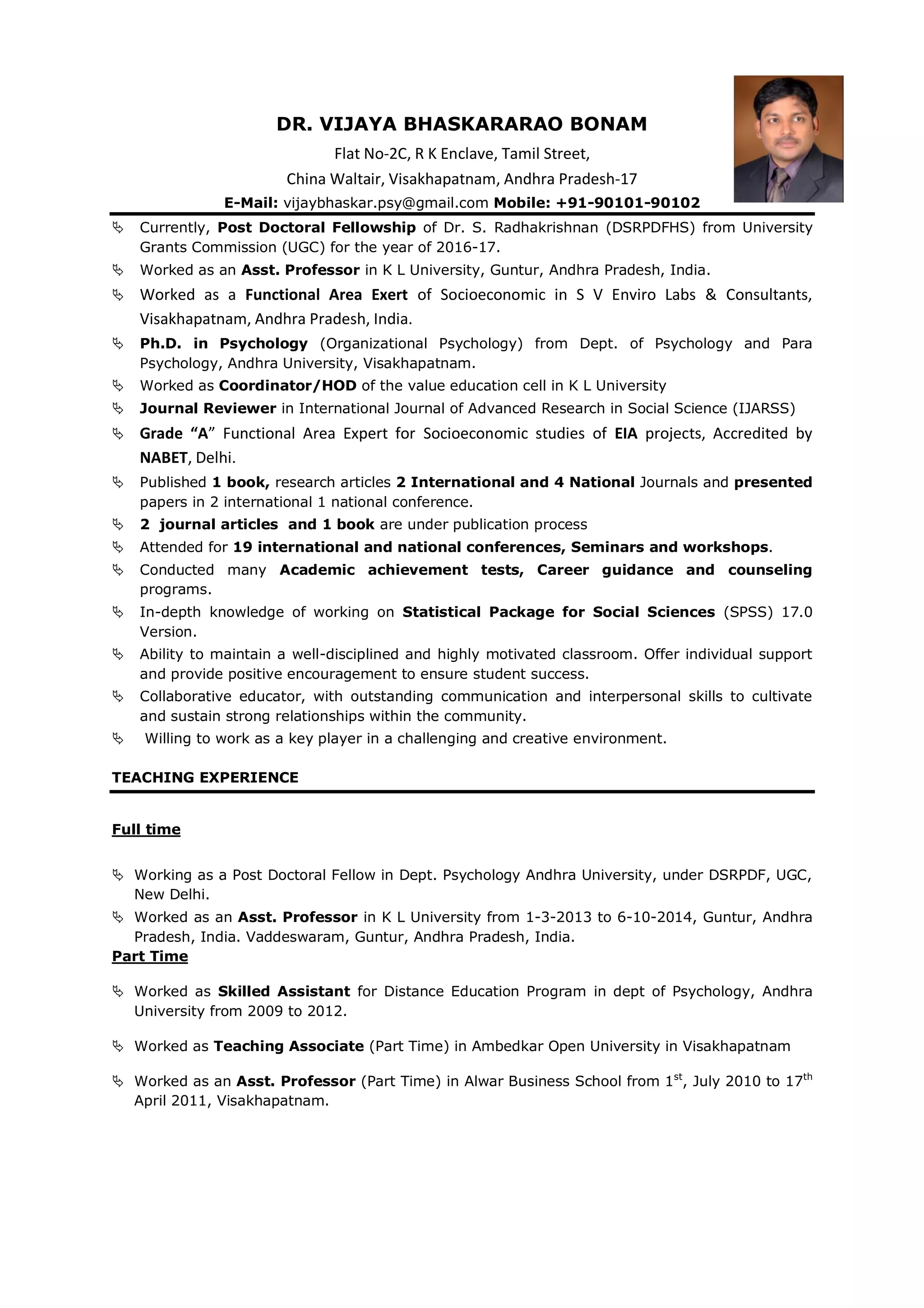 CV_Psychology_Asst.Prof_Vijaya Bhaskar | PDF