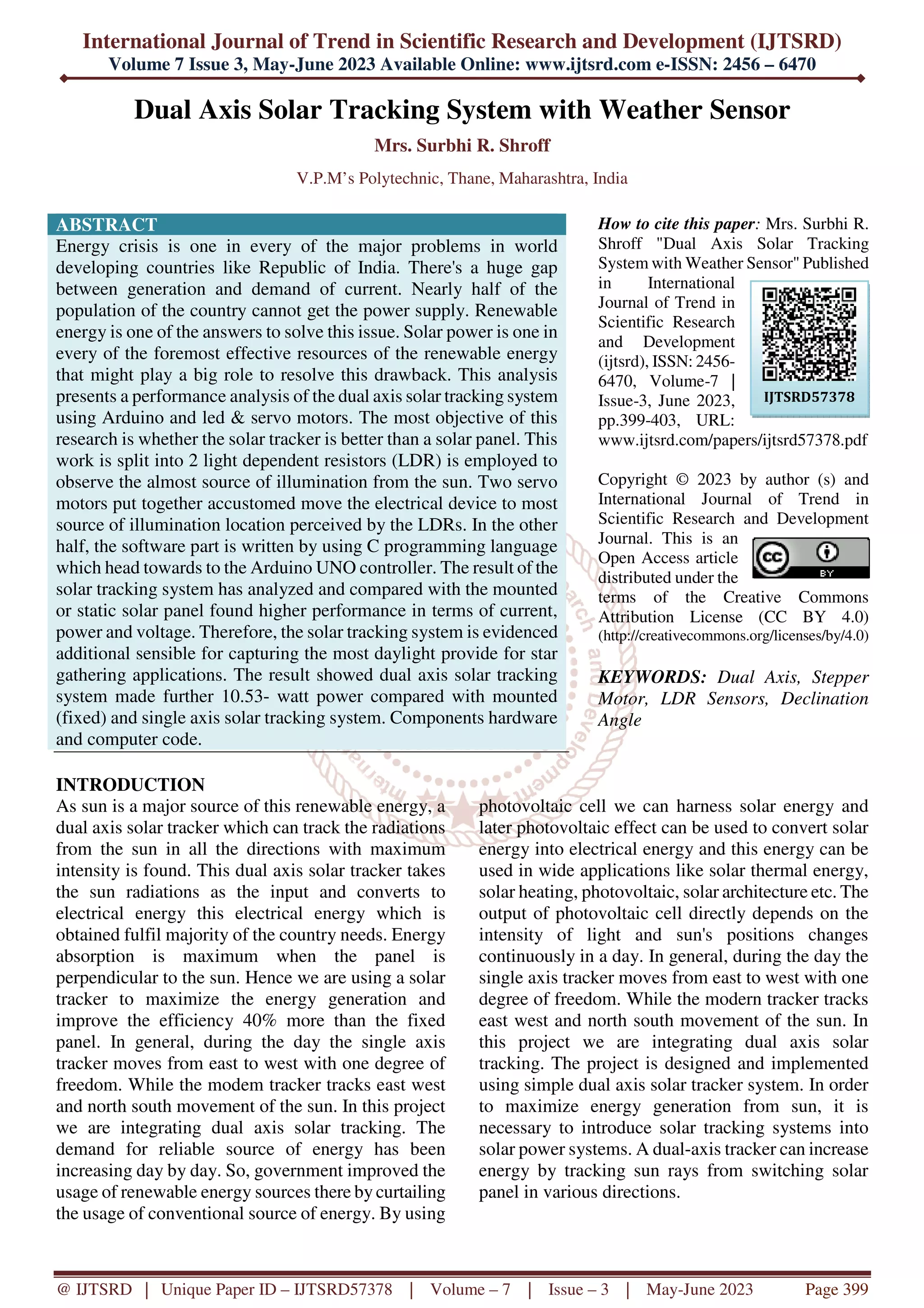 Dual Axis Solar Tracking System with Weather Sensor | PDF