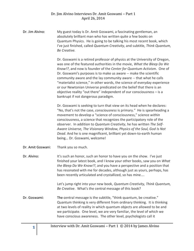 Jim Alvino Interview of Dr Amit Goswami Transcript | PDF